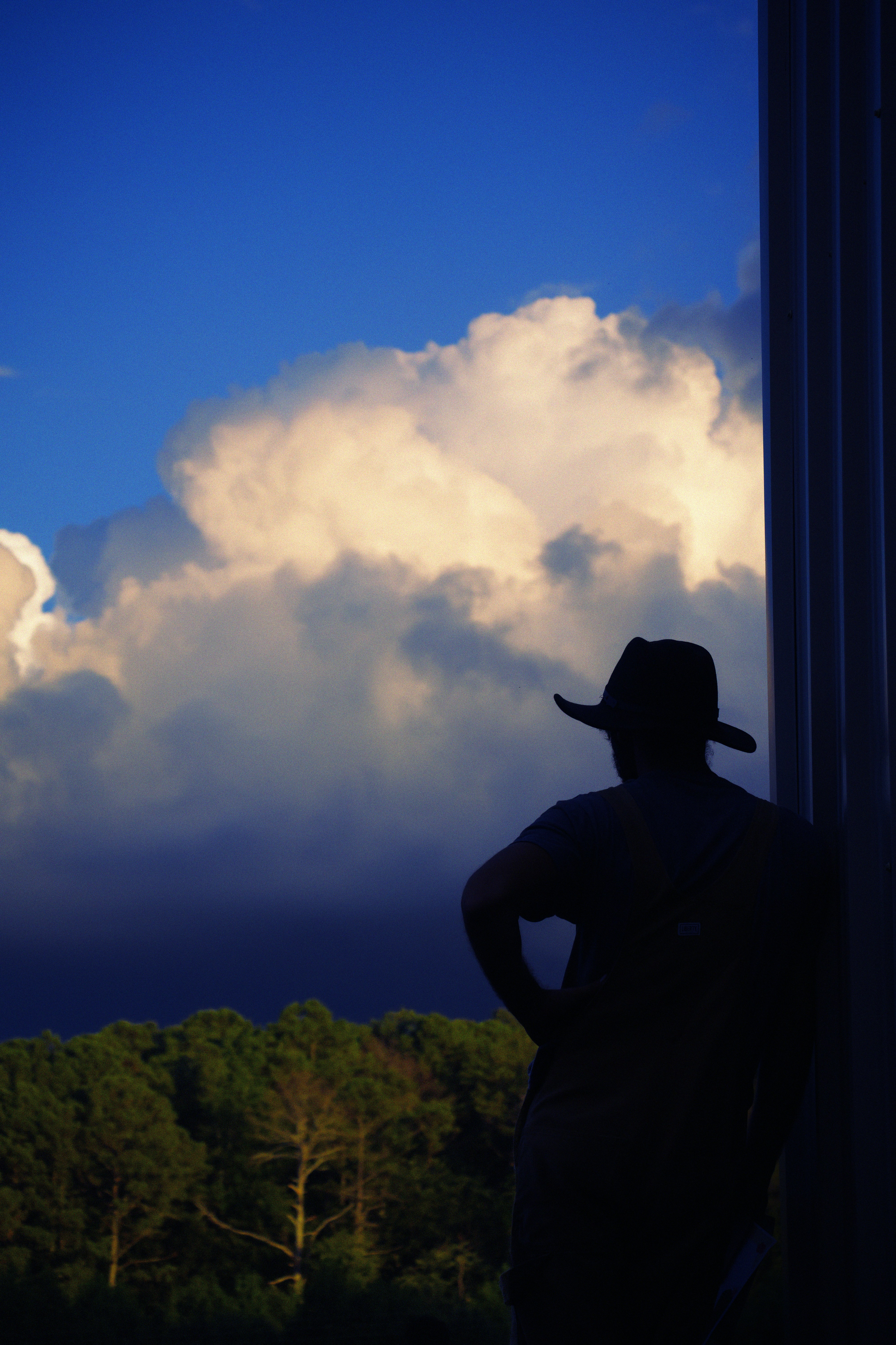 A person in a hat gazes at the clouds.