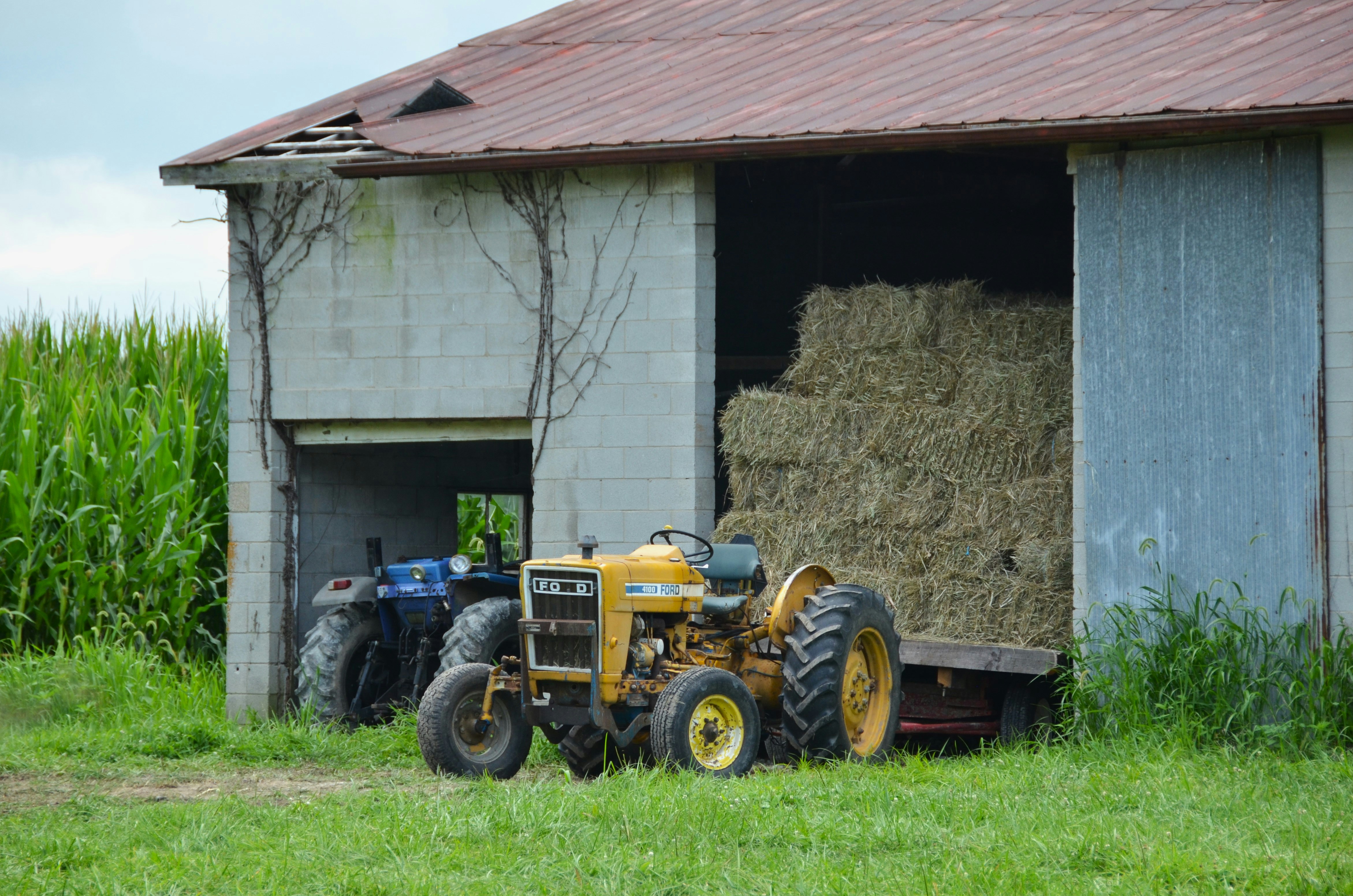 Old tractor parked beside a barn, with hay bales stacked inside and a blue tractor partially visible in the background. 
