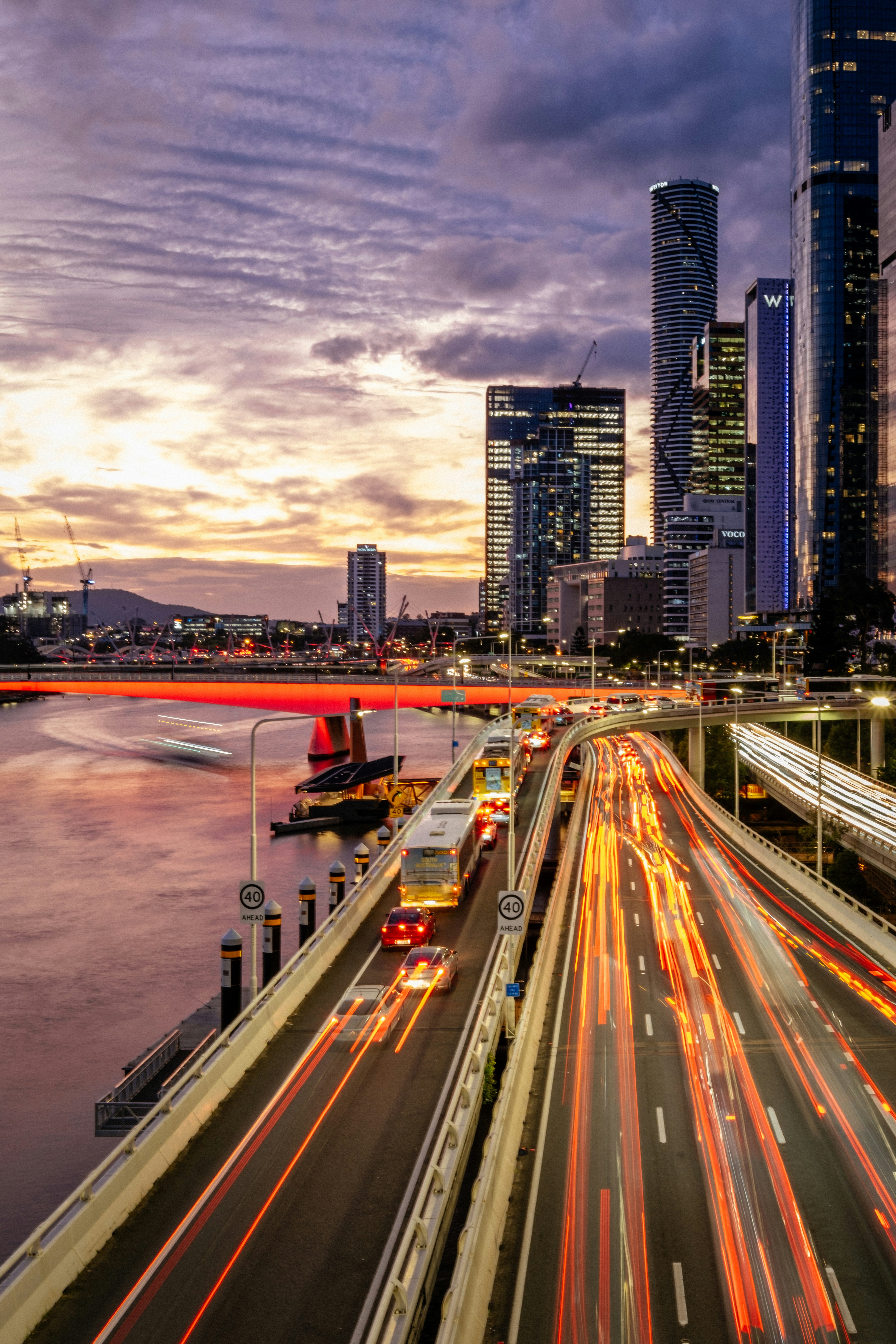 City lights and traffic at dusk.