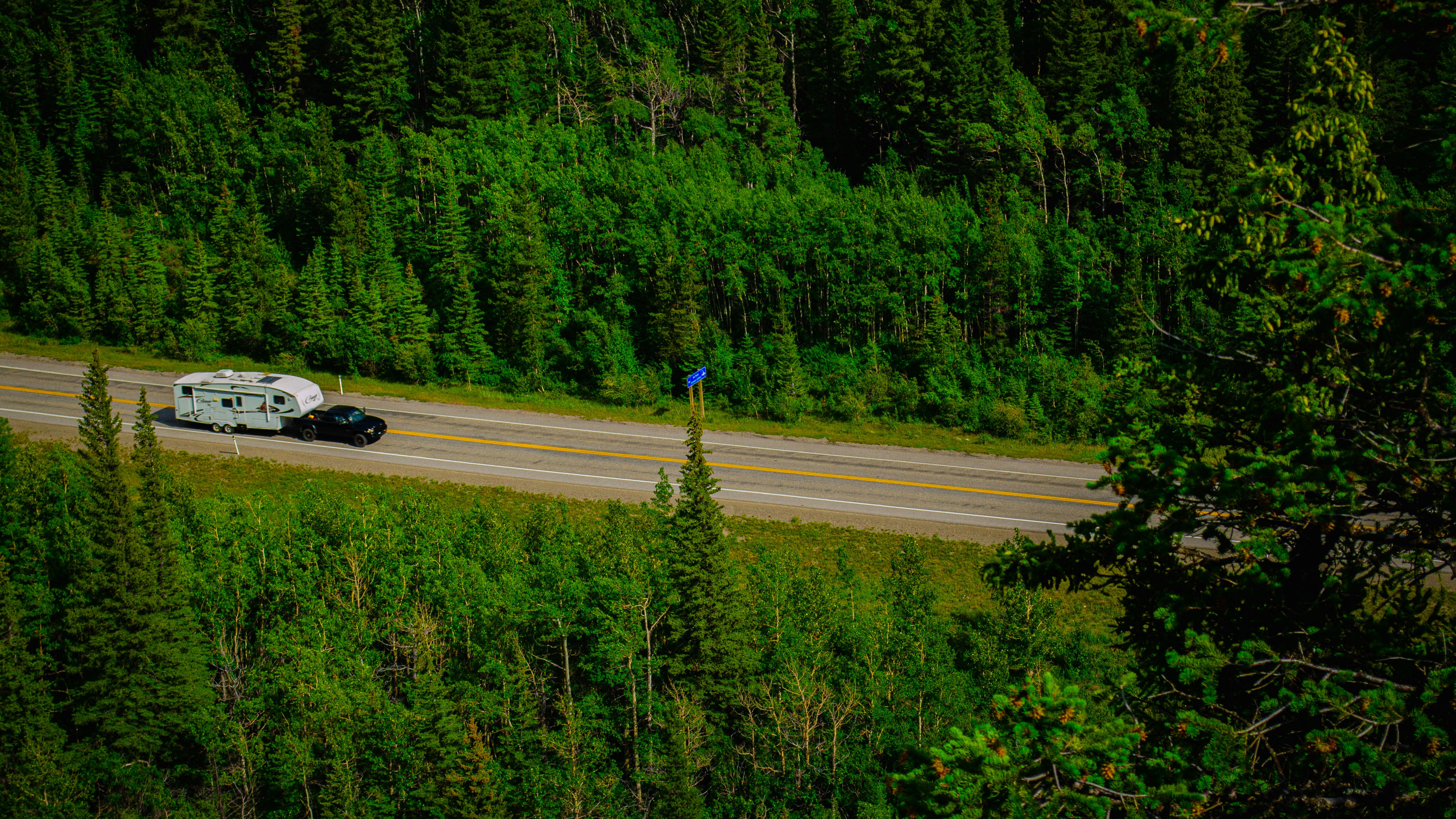 A serene drive through a dense green forest landscape on a sunny day, highlighting the tranquility of nature with a lone vehicle traveling along a quiet road. | A car towing a camper van on a forest road.