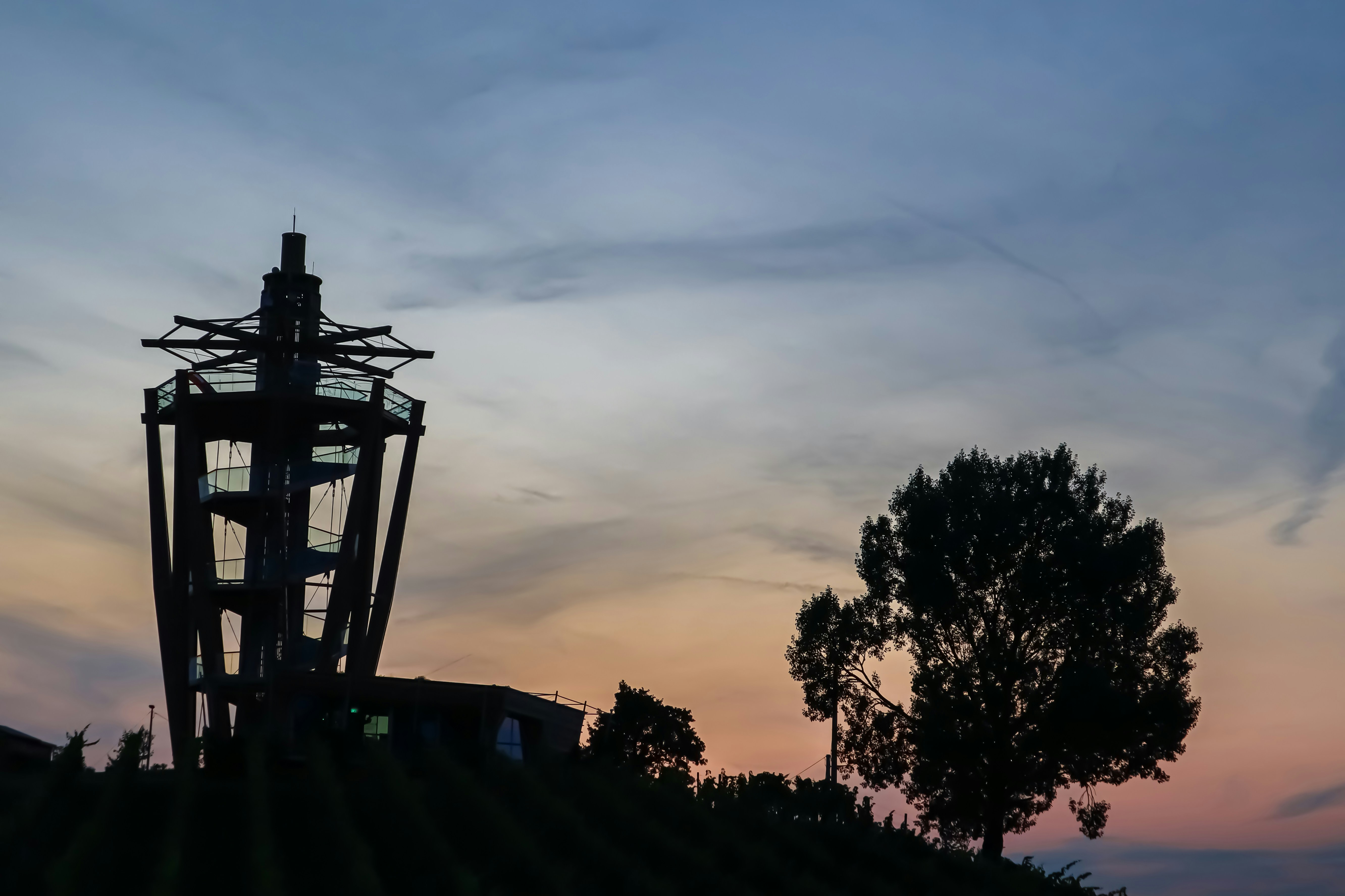 Silhouette of a modern observation tower against a colorful twilight sky, framed by a solitary tree. The scene captures the transition from day to night.