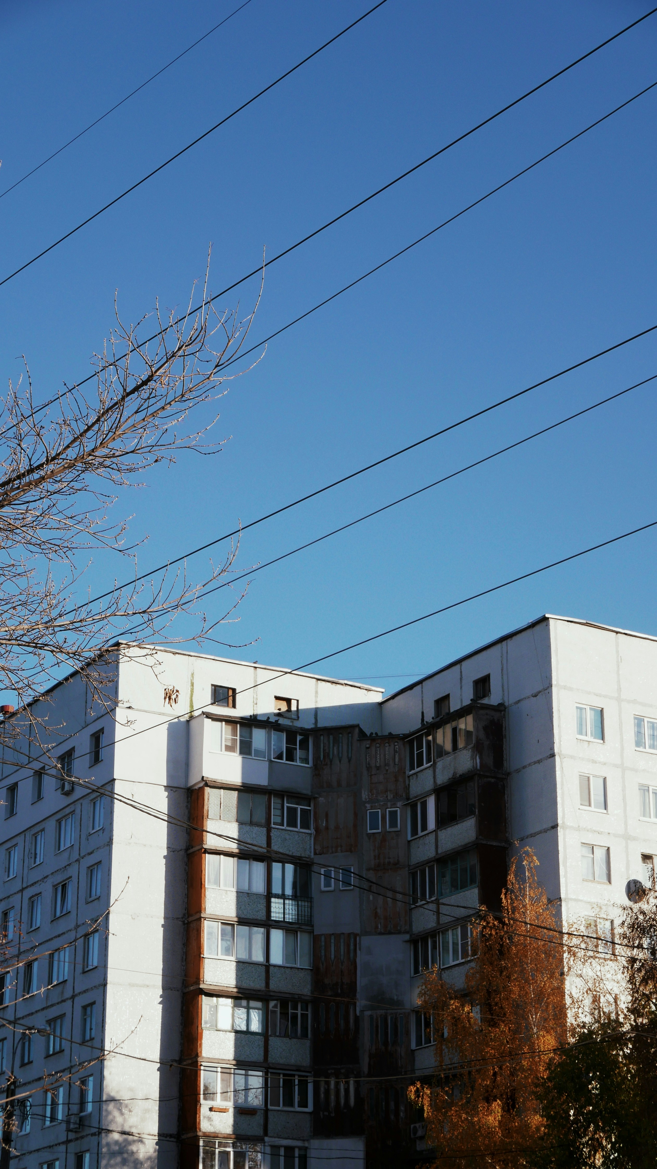 '21 | Apartment building under a clear, blue sky.