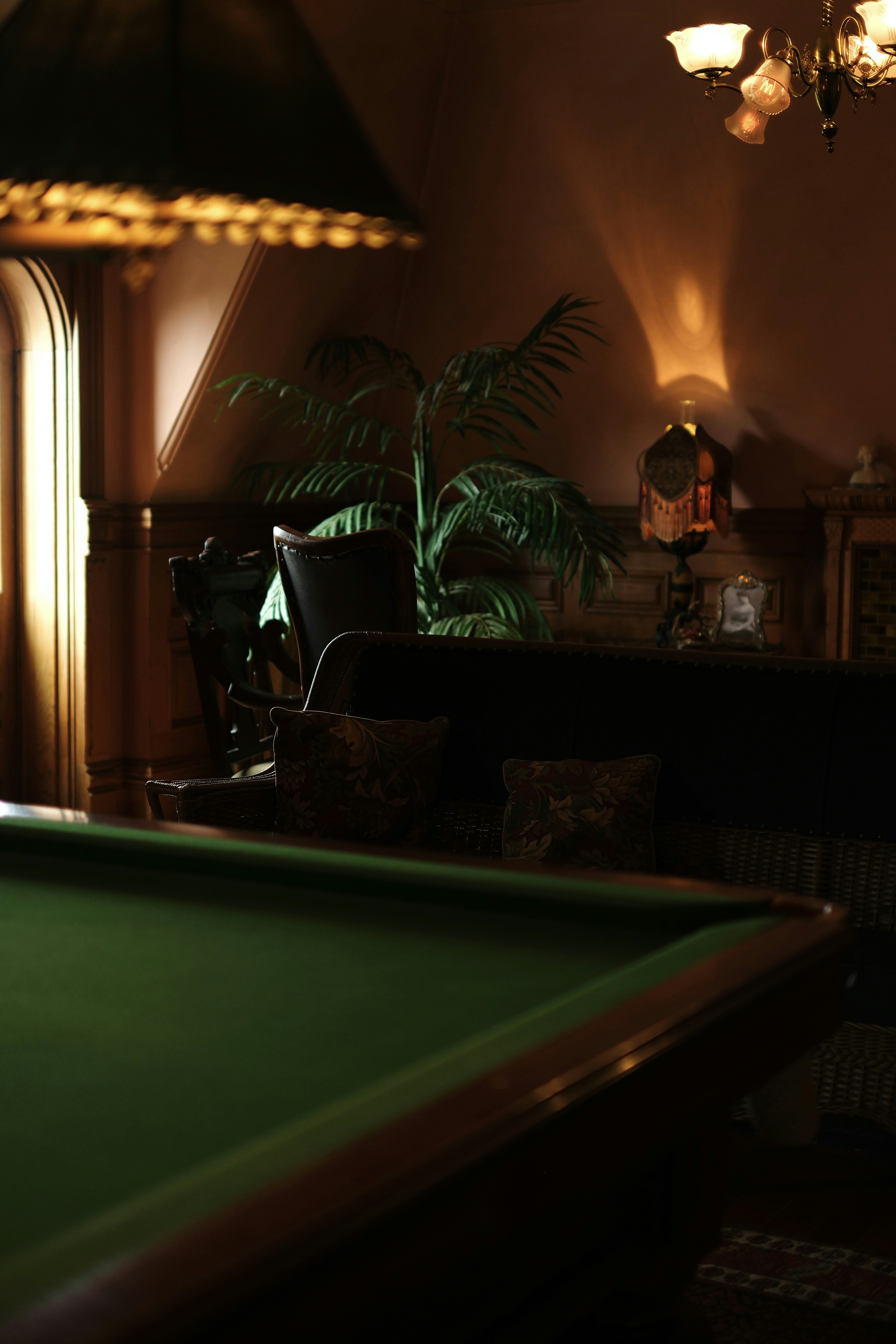 Pool Table at Dusk: Velvet Shadows in a Plush Lounge