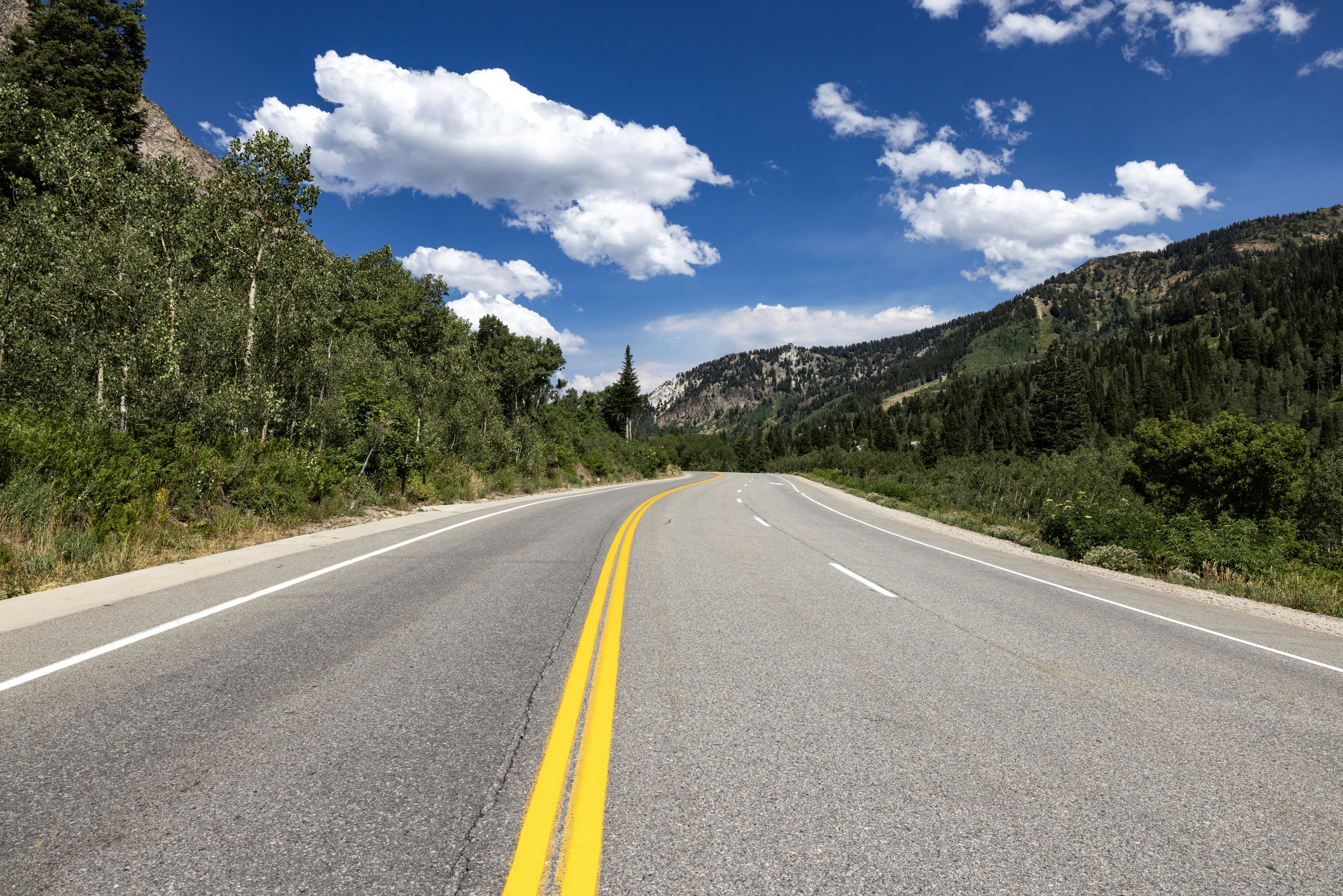 the open road. | Road winds through a scenic landscape on a sunny day.