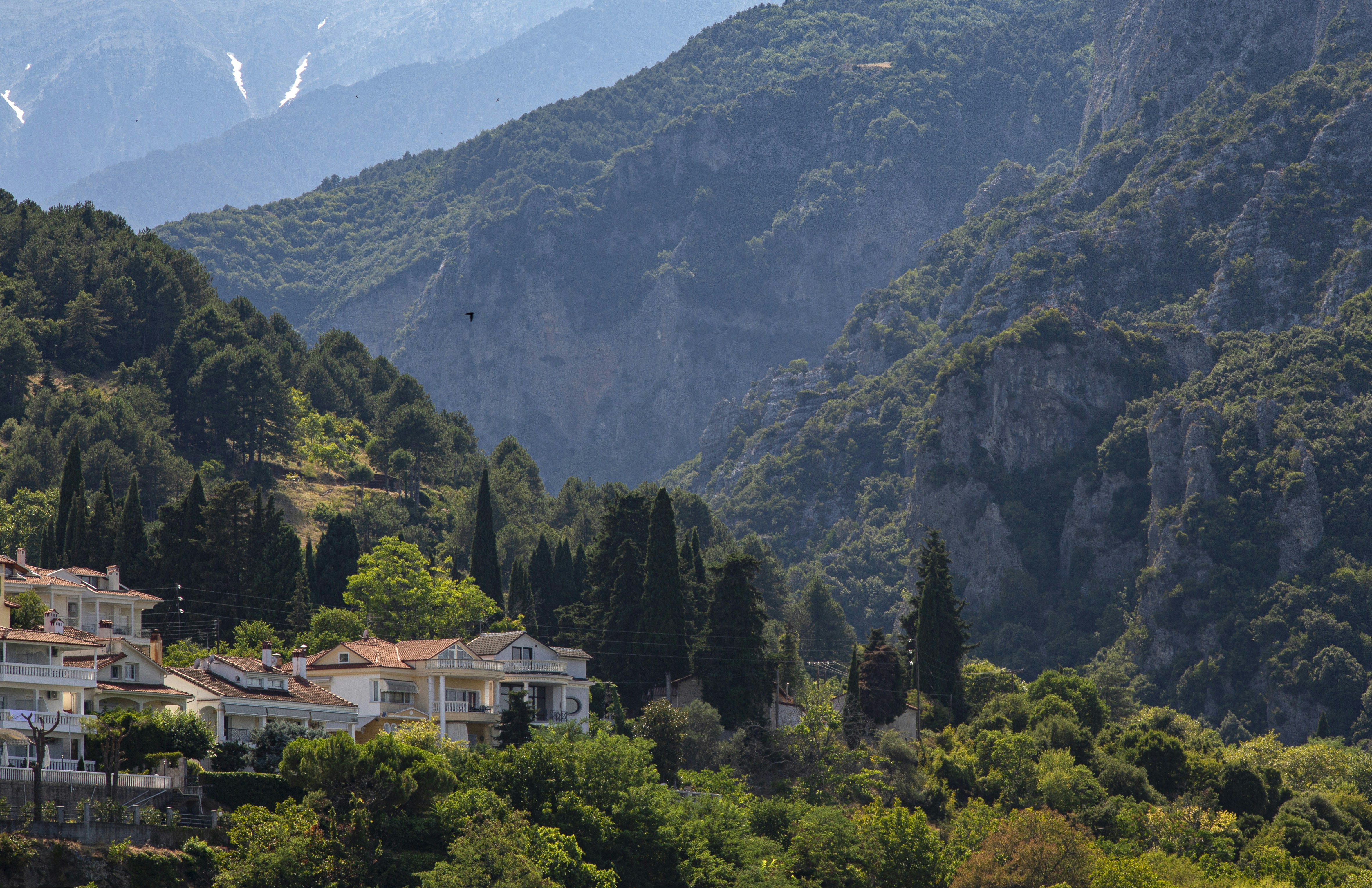 Scenic mountain view with houses in the foreground.