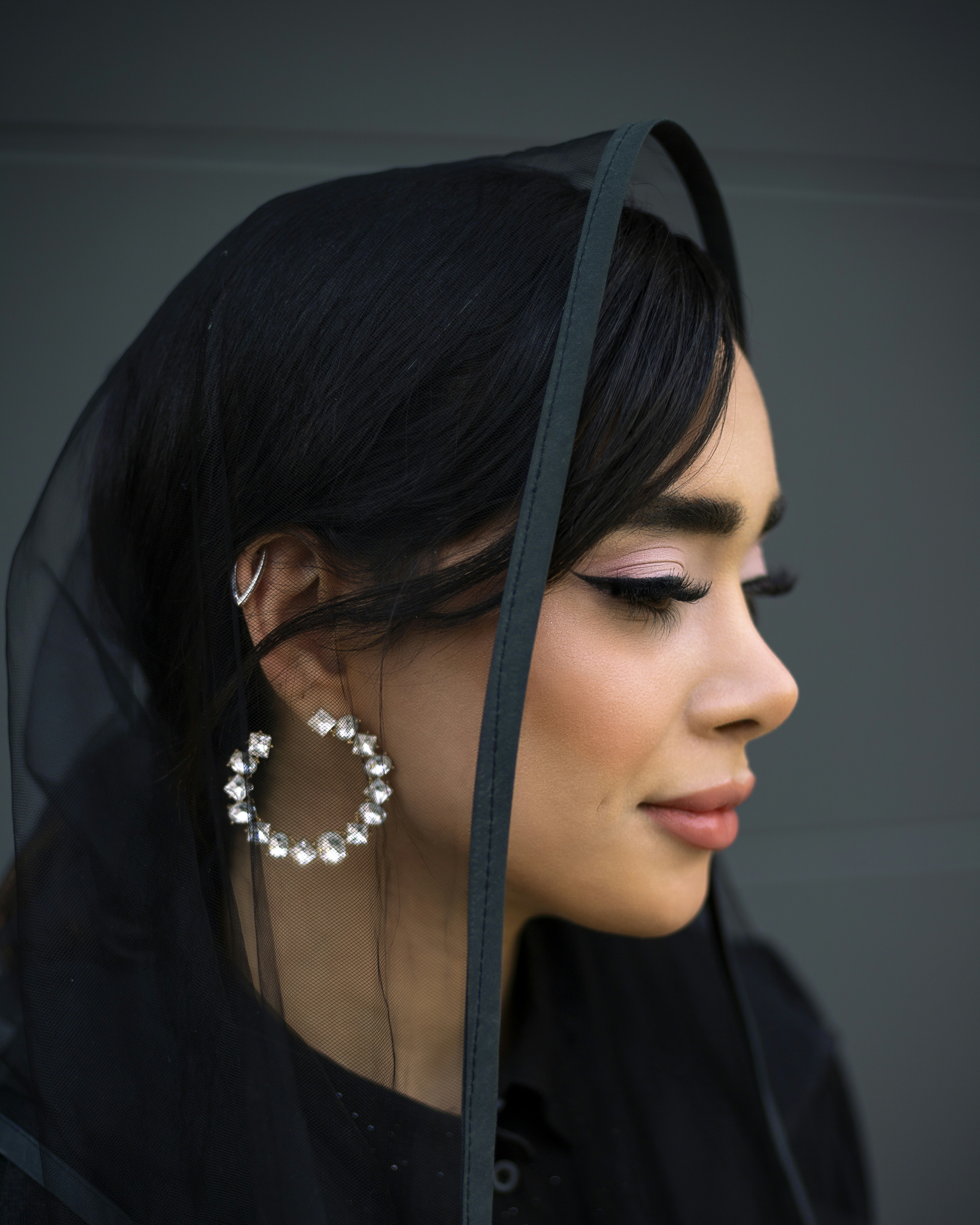 Veiled Glamour: A Side Portrait in Velvet Veil