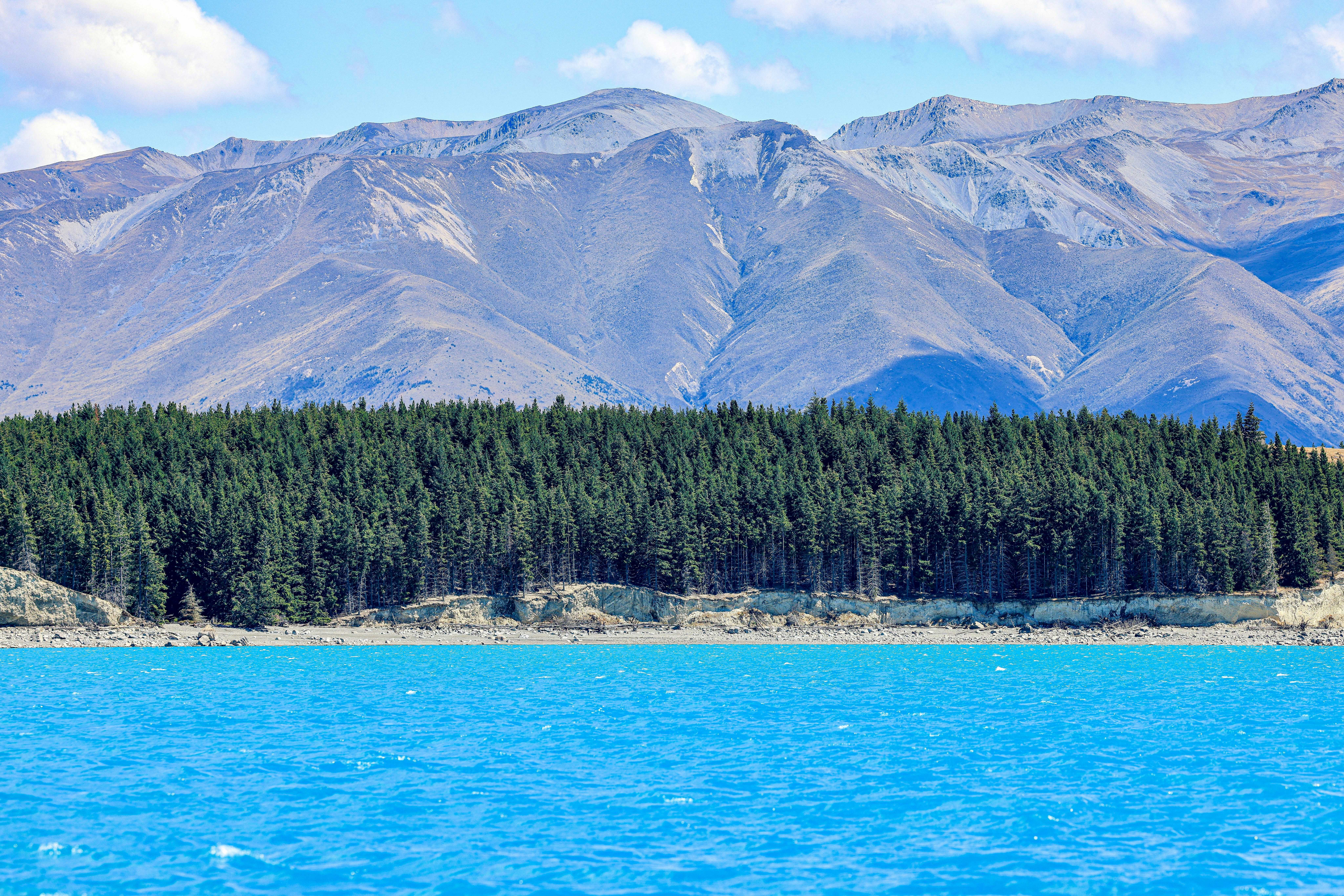 Vibrant turquoise lake bordered by a dense pine forest, with rugged mountains rising in the background under a clear blue sky.