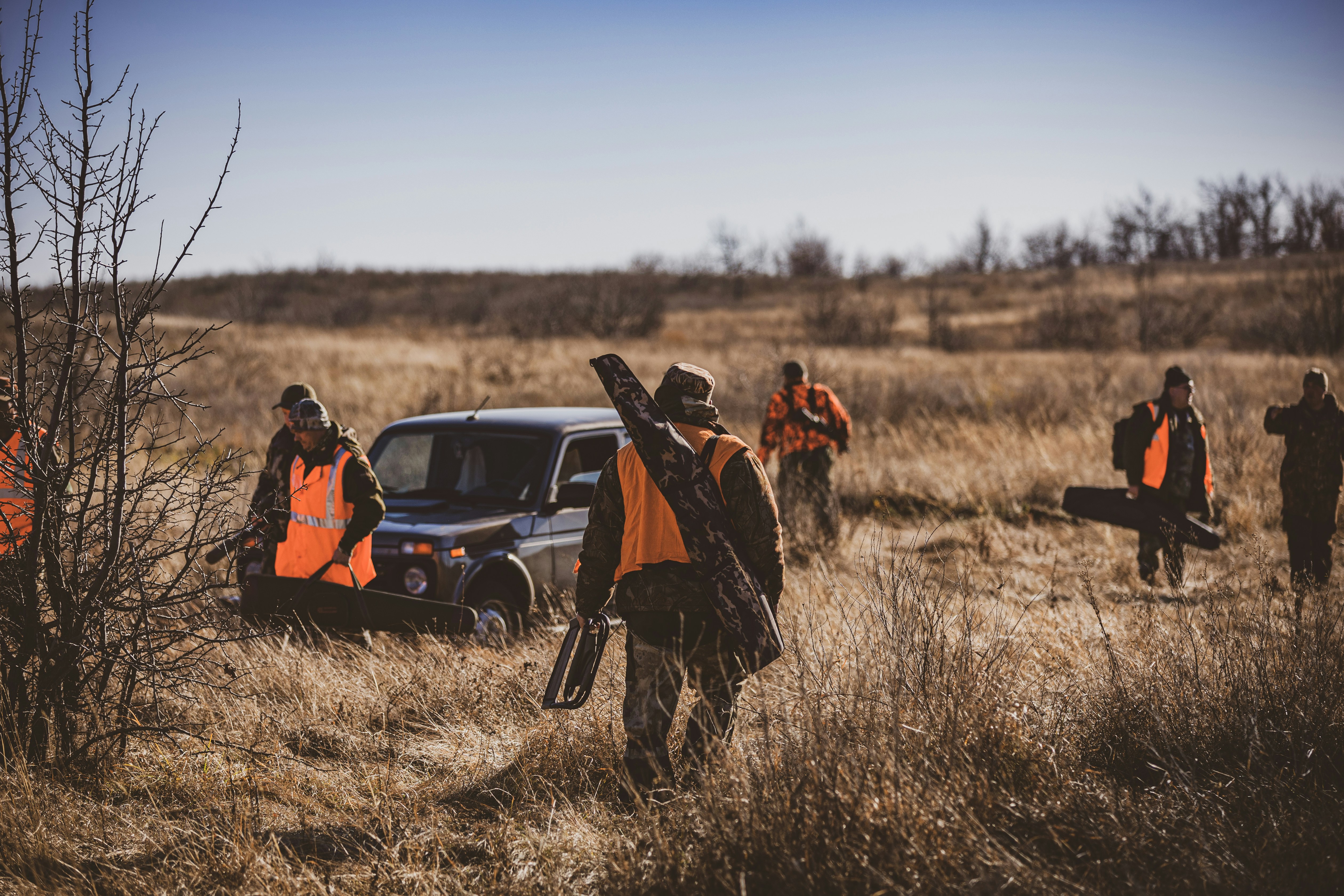Hunters walk through dry grass near a vehicle.