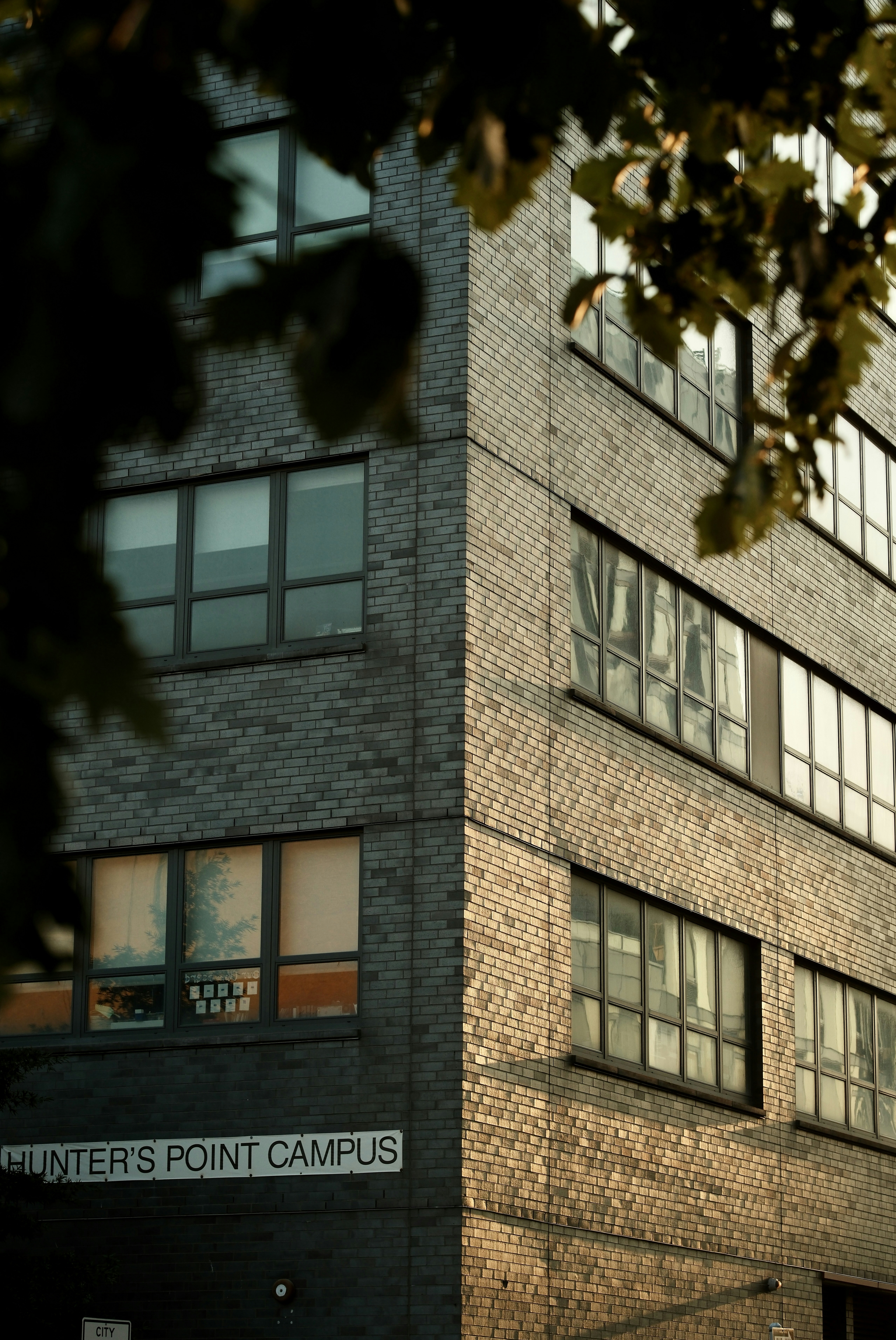 Contemporary building facade showcasing intricate brickwork and large windows, framed by overhanging foliage. Hunter's Point Campus sign visible at the base.