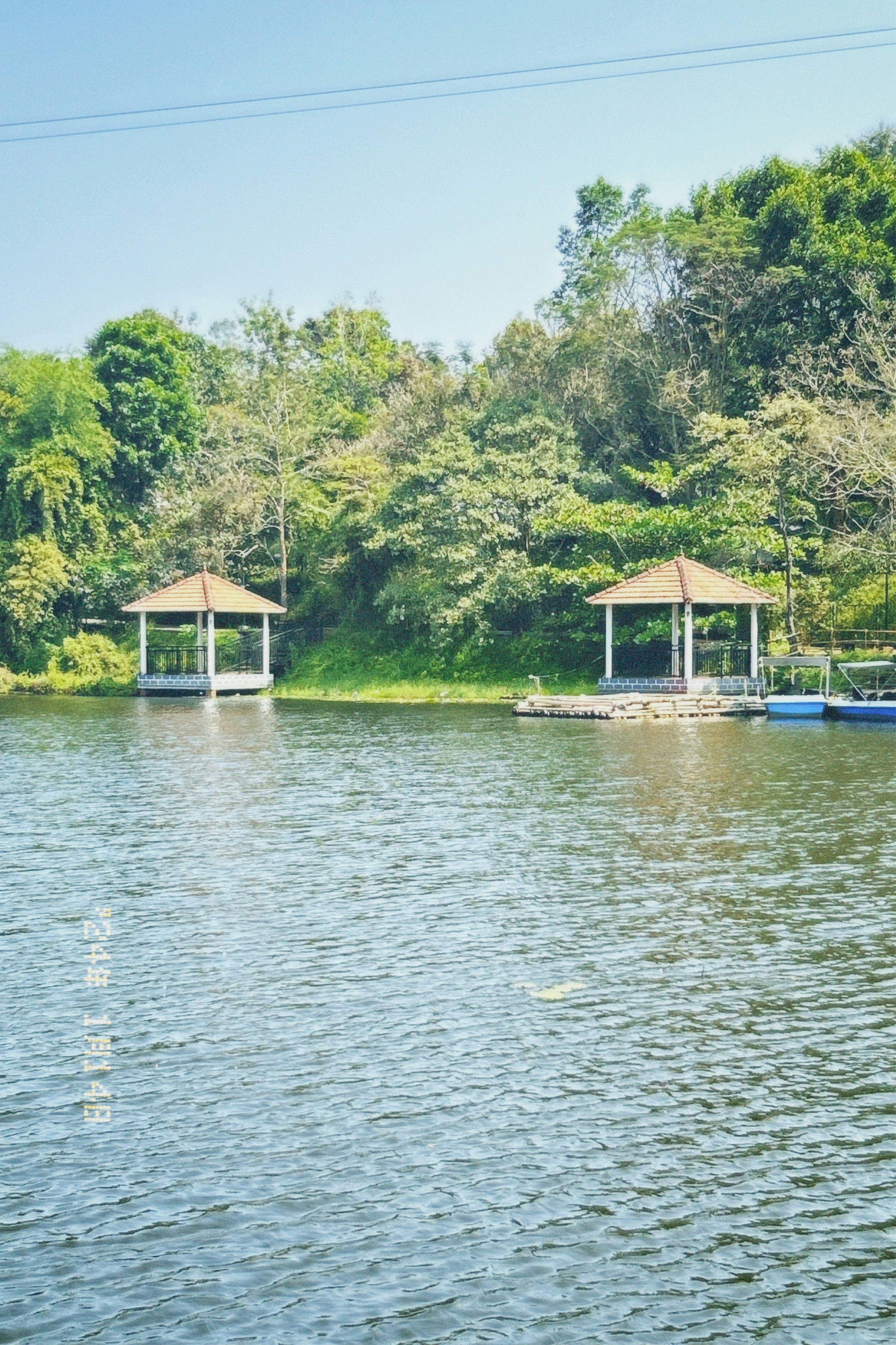 Two gazebos by a calm lake with green trees