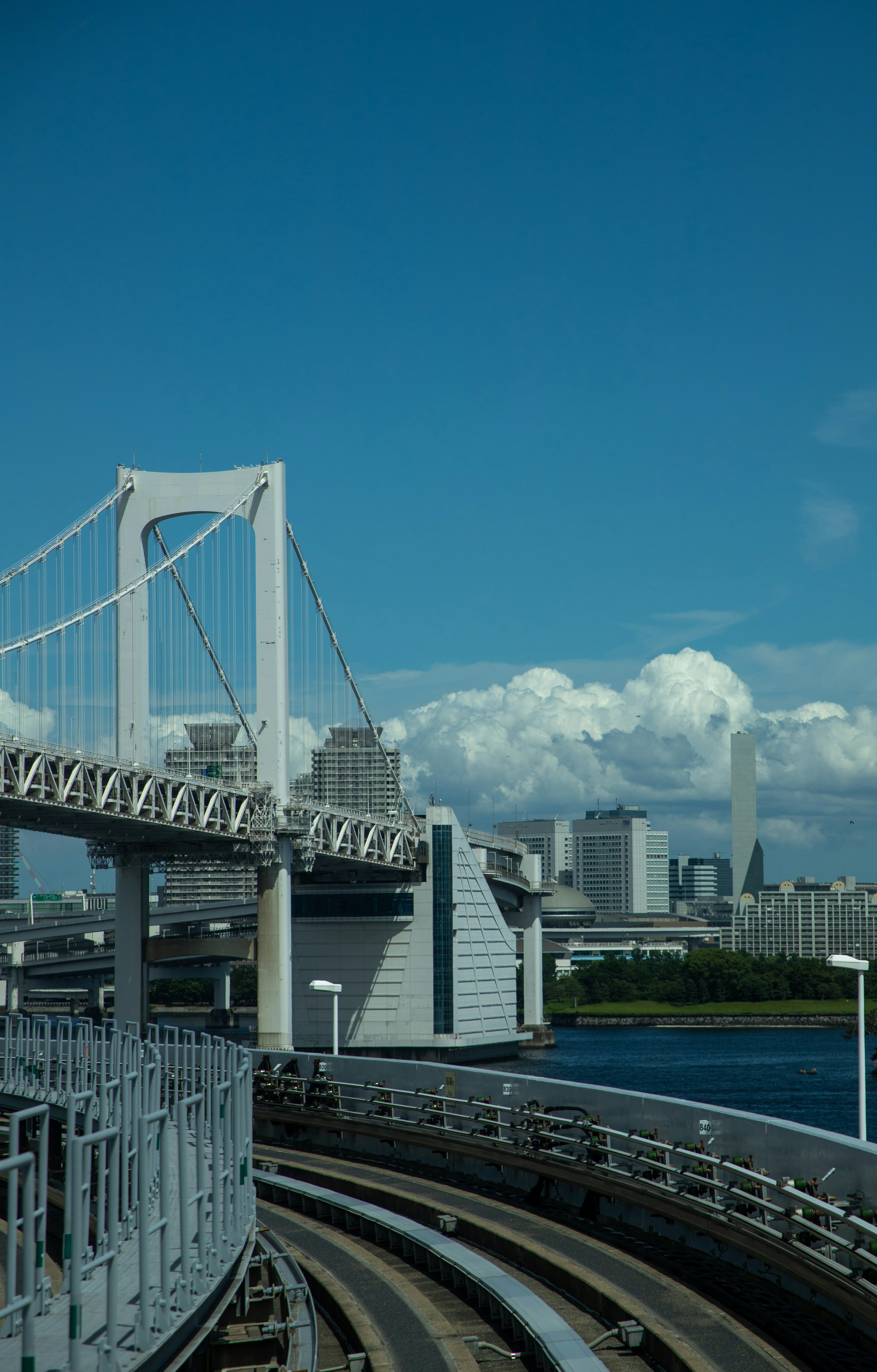 Modern bridge and cityscape under a clear blue sky