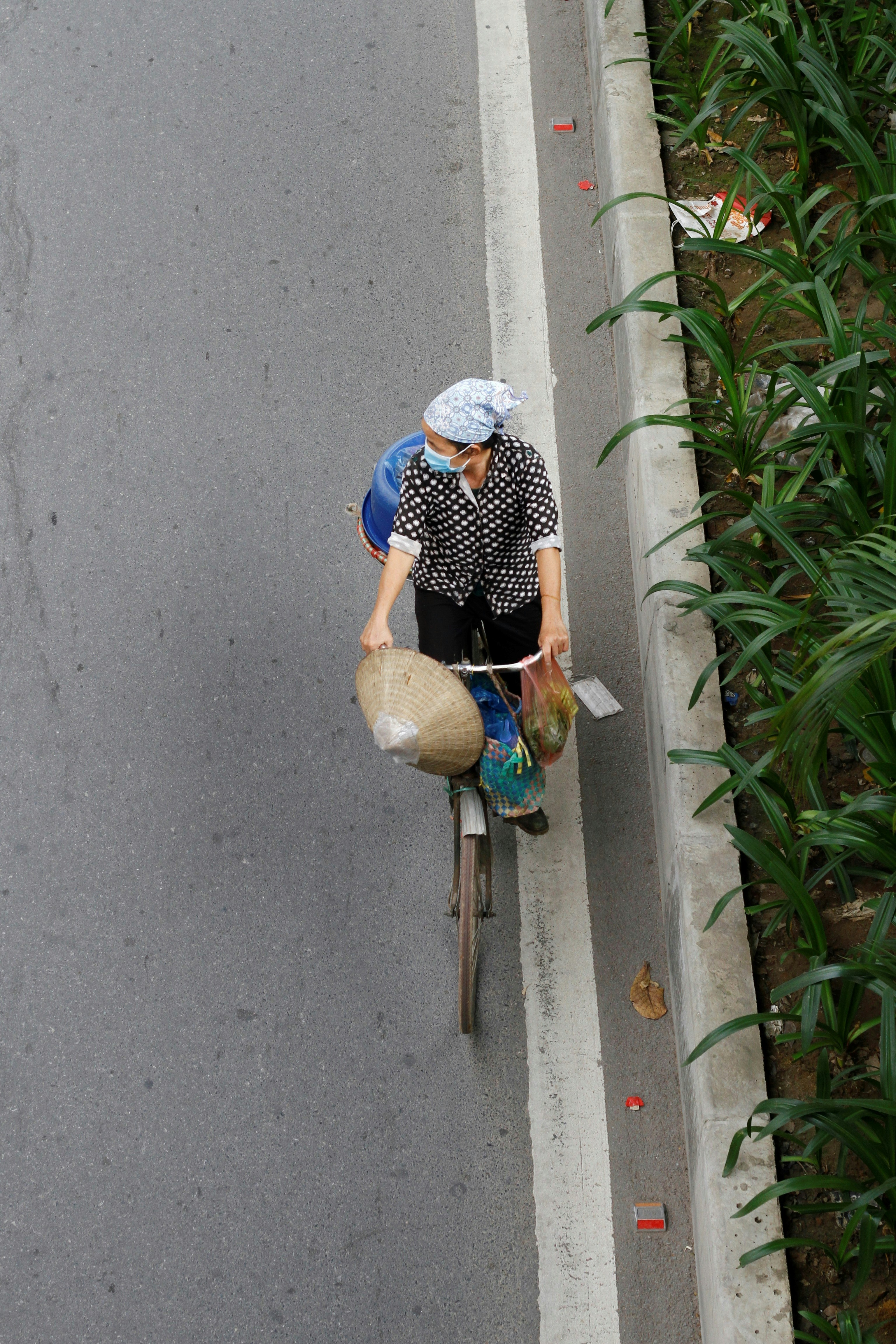 A cyclist navigates a city street, balancing baskets while wearing a traditional conical hat. Lush greenery borders the road, adding a touch of nature to the urban landscape.