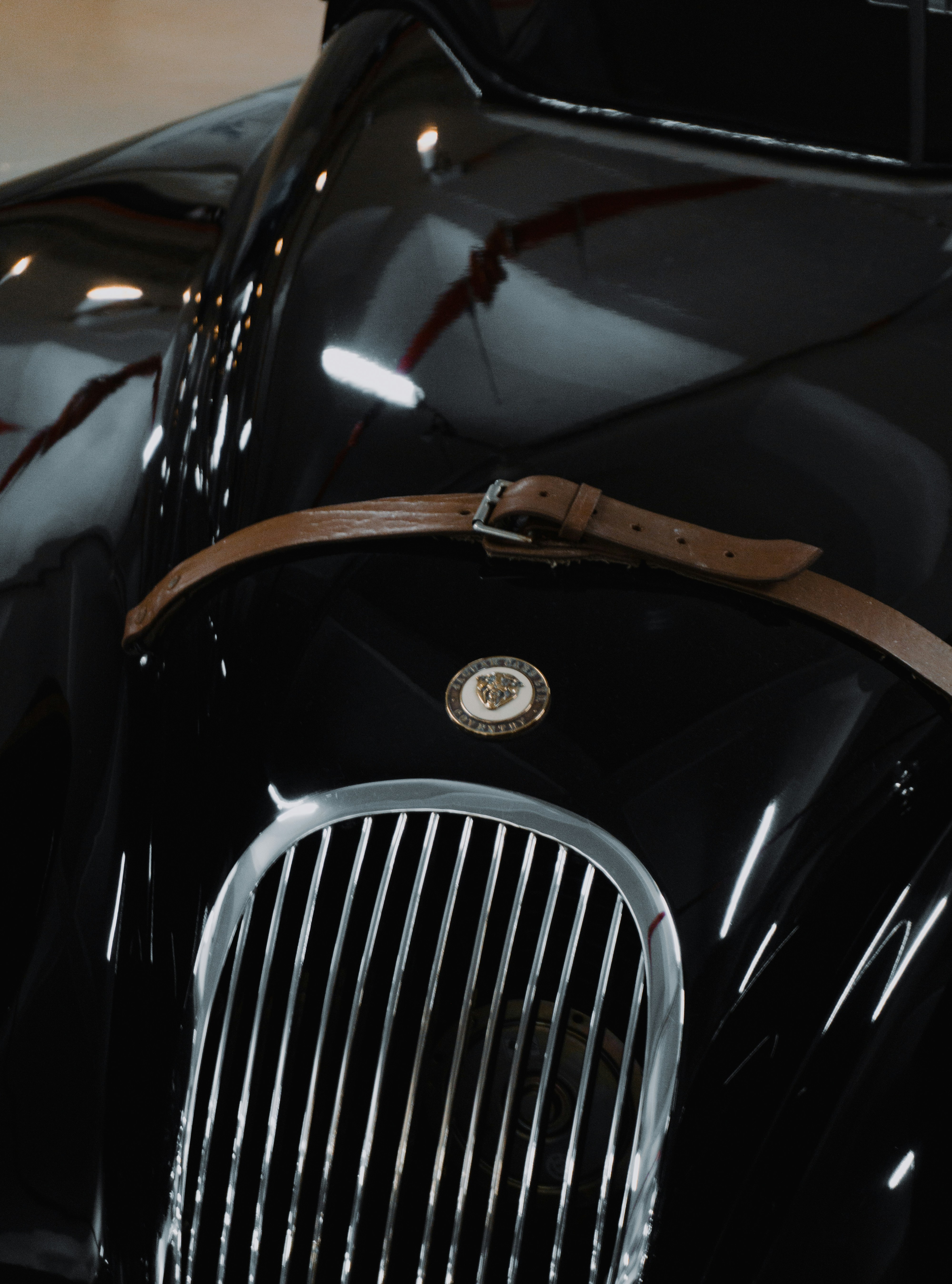 Close-up of a vintage car's hood ornament and grill, showcasing intricate design and craftsmanship. A leather strap adds a touch of authenticity.