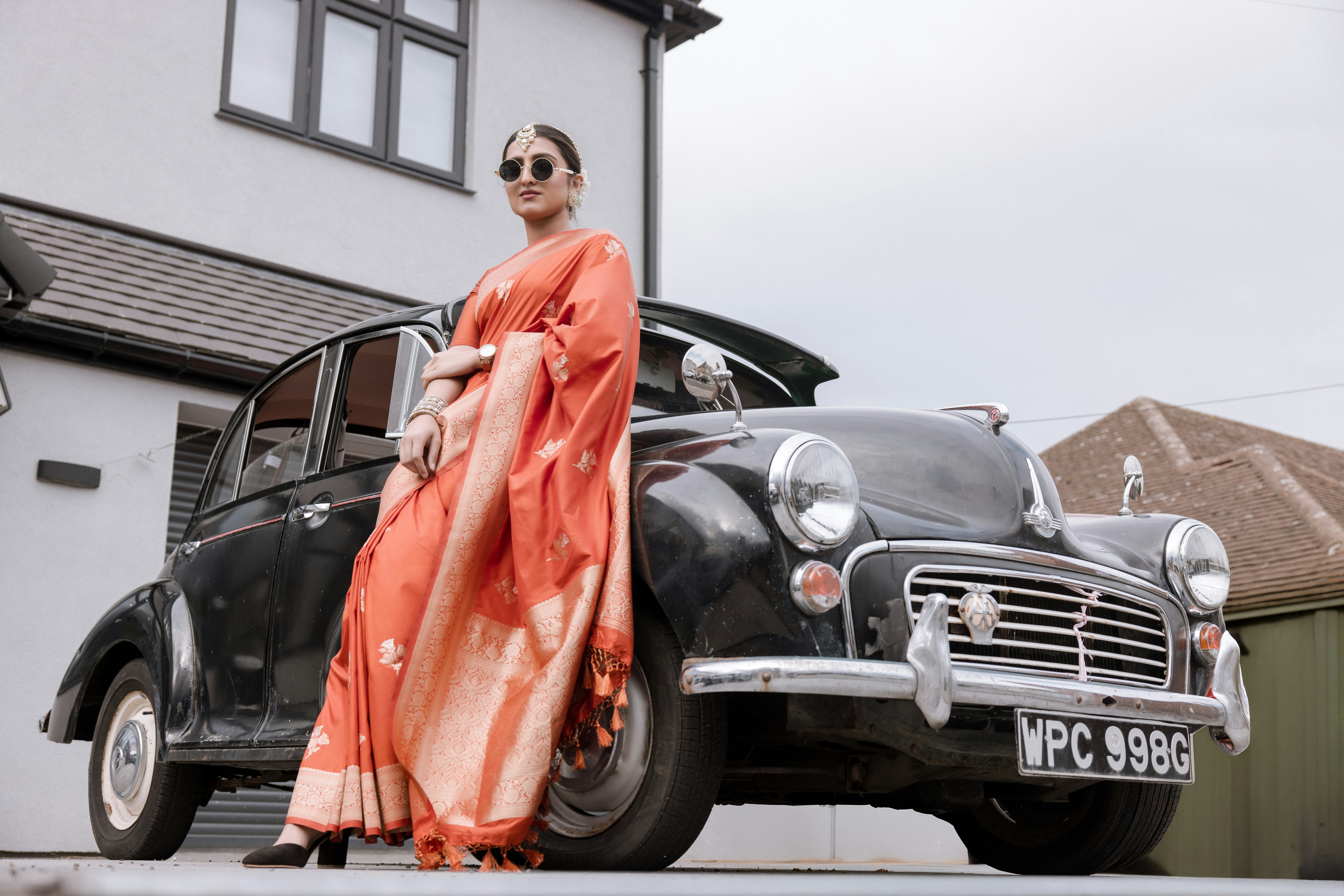 Red Sari, Classic Car: A Diva at the Driveway