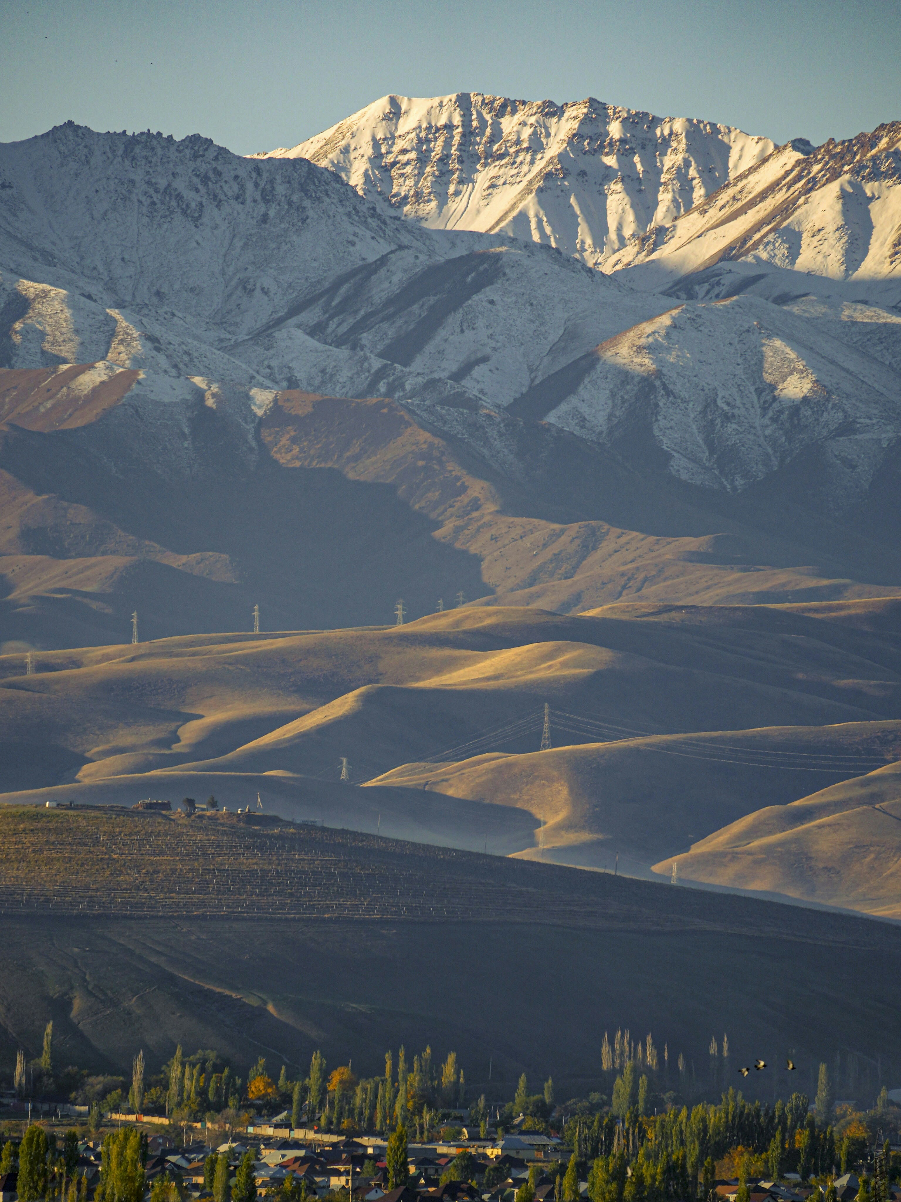Snow-capped mountains loom over rolling hills, with a serene valley dotted by trees and power lines. The composition highlights the contrast between the rugged peaks and the gentle slopes below.
