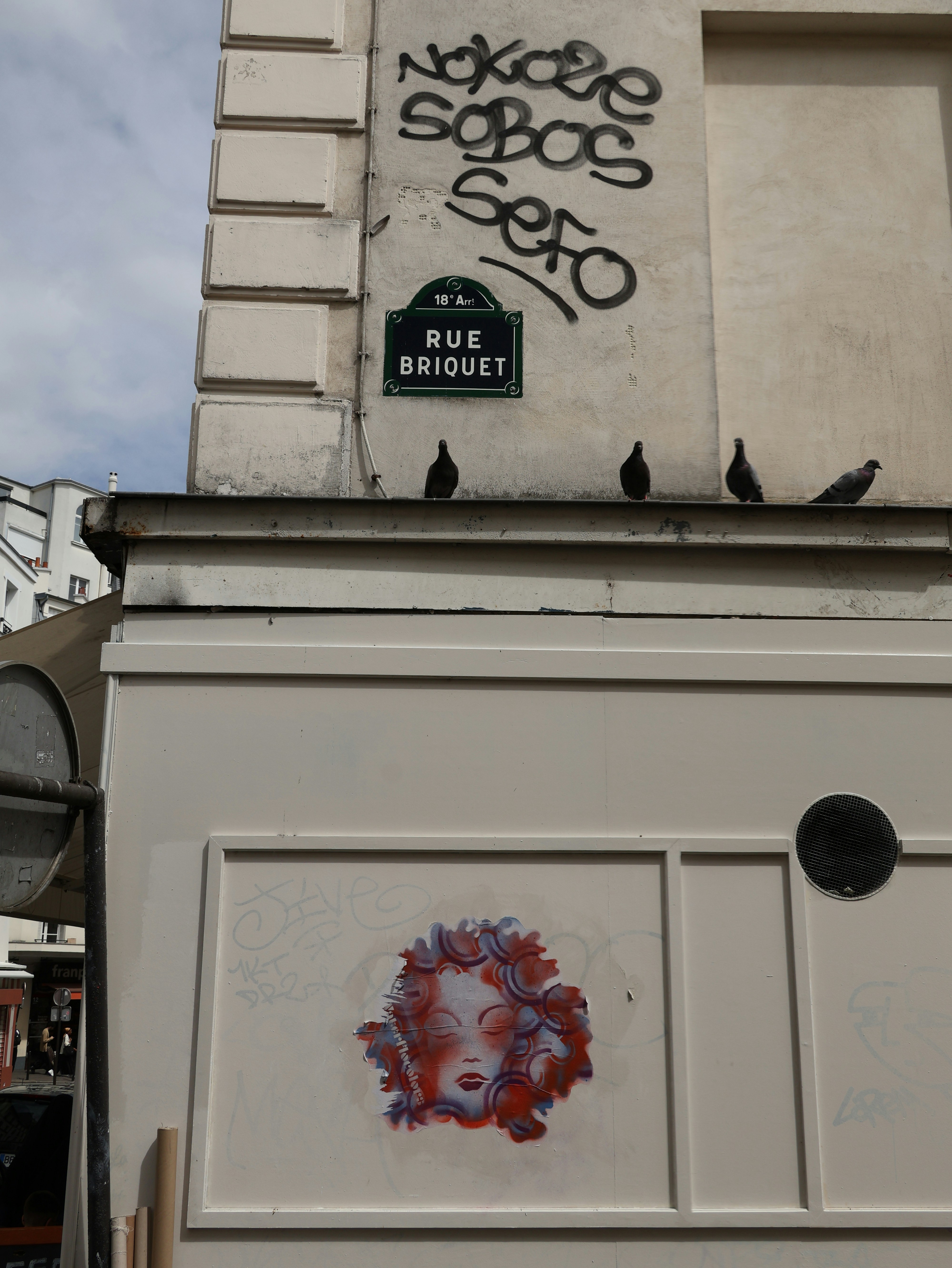Pigeons on a ledge with graffiti and street art