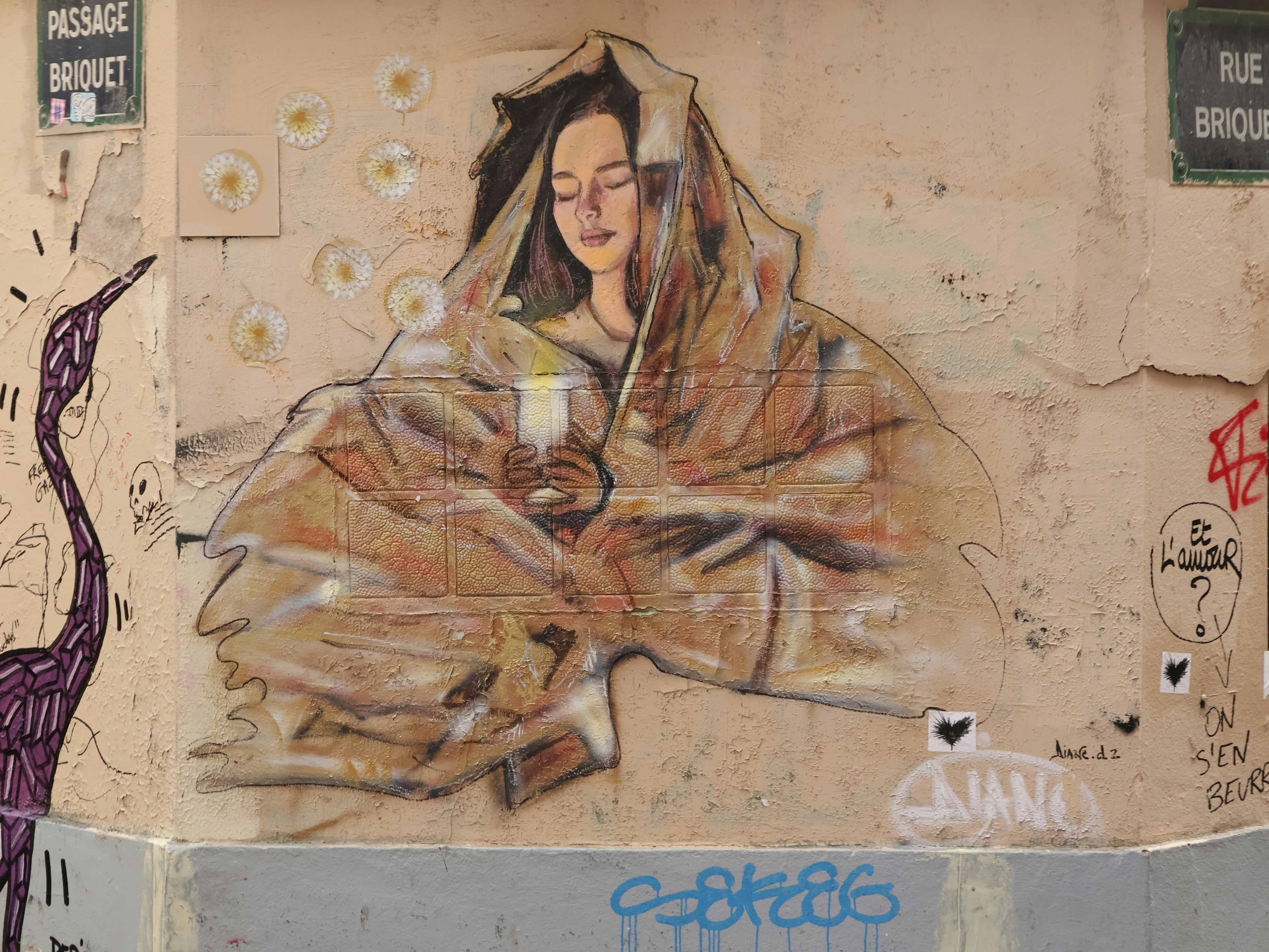 Woman with elaborate hair in artistic mixed media collage.