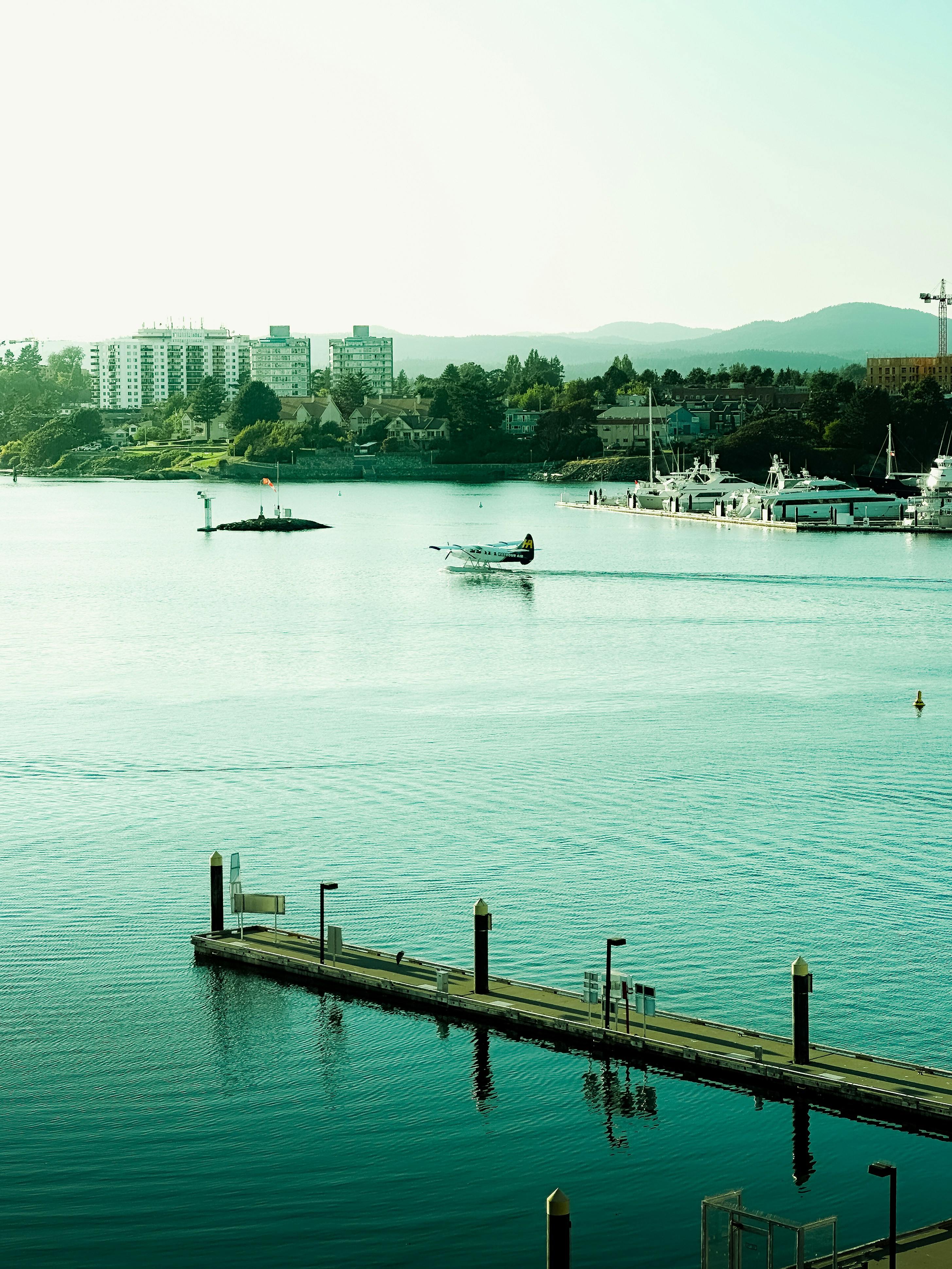 Seaplane gliding across tranquil waters near a bustling harbor, framed by distant mountains and urban landscape. 