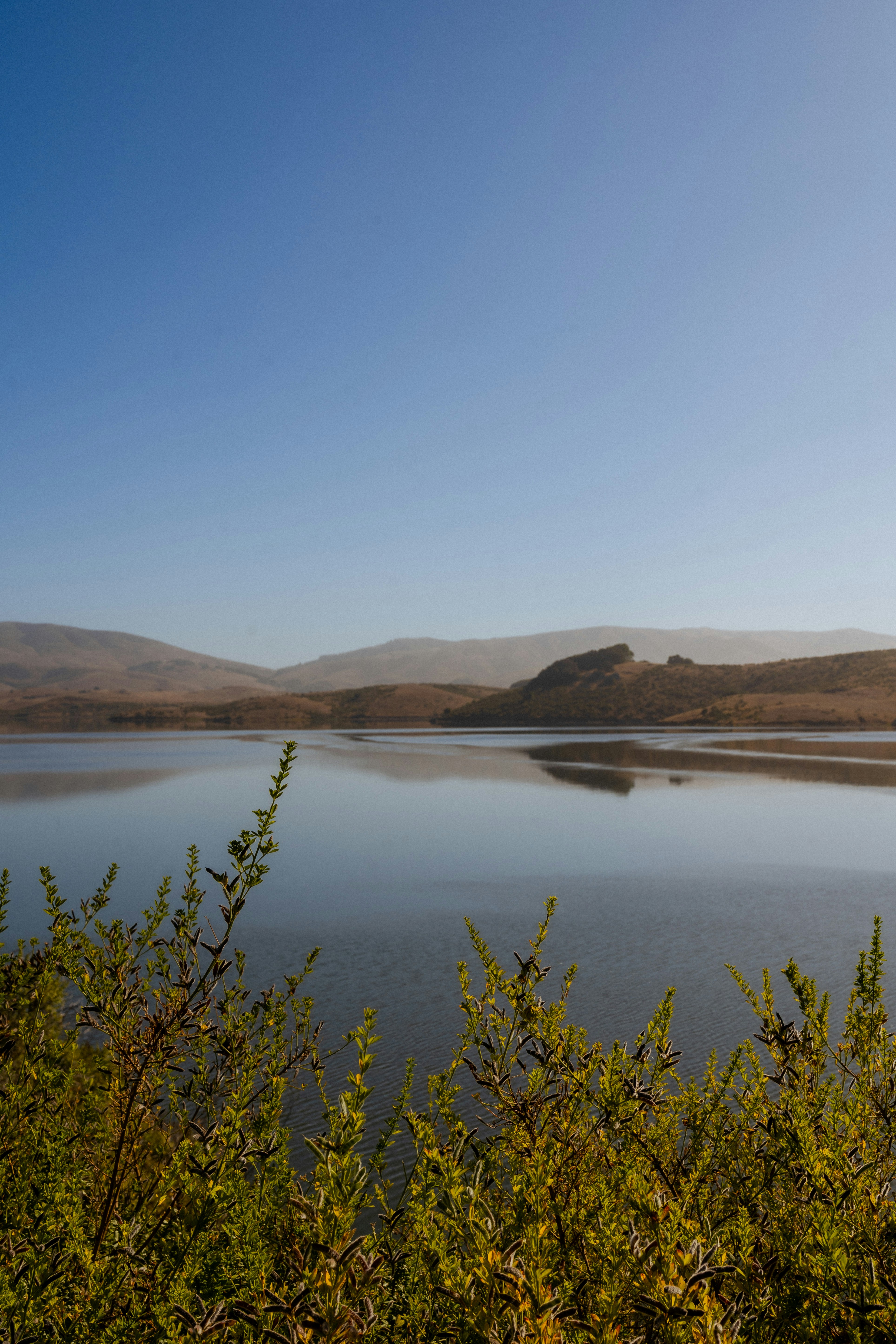A still lake framed by autumn brush and distant hills, capturing the quiet beauty of California’s open spaces. | Calm lake reflecting clear blue sky and distant hills