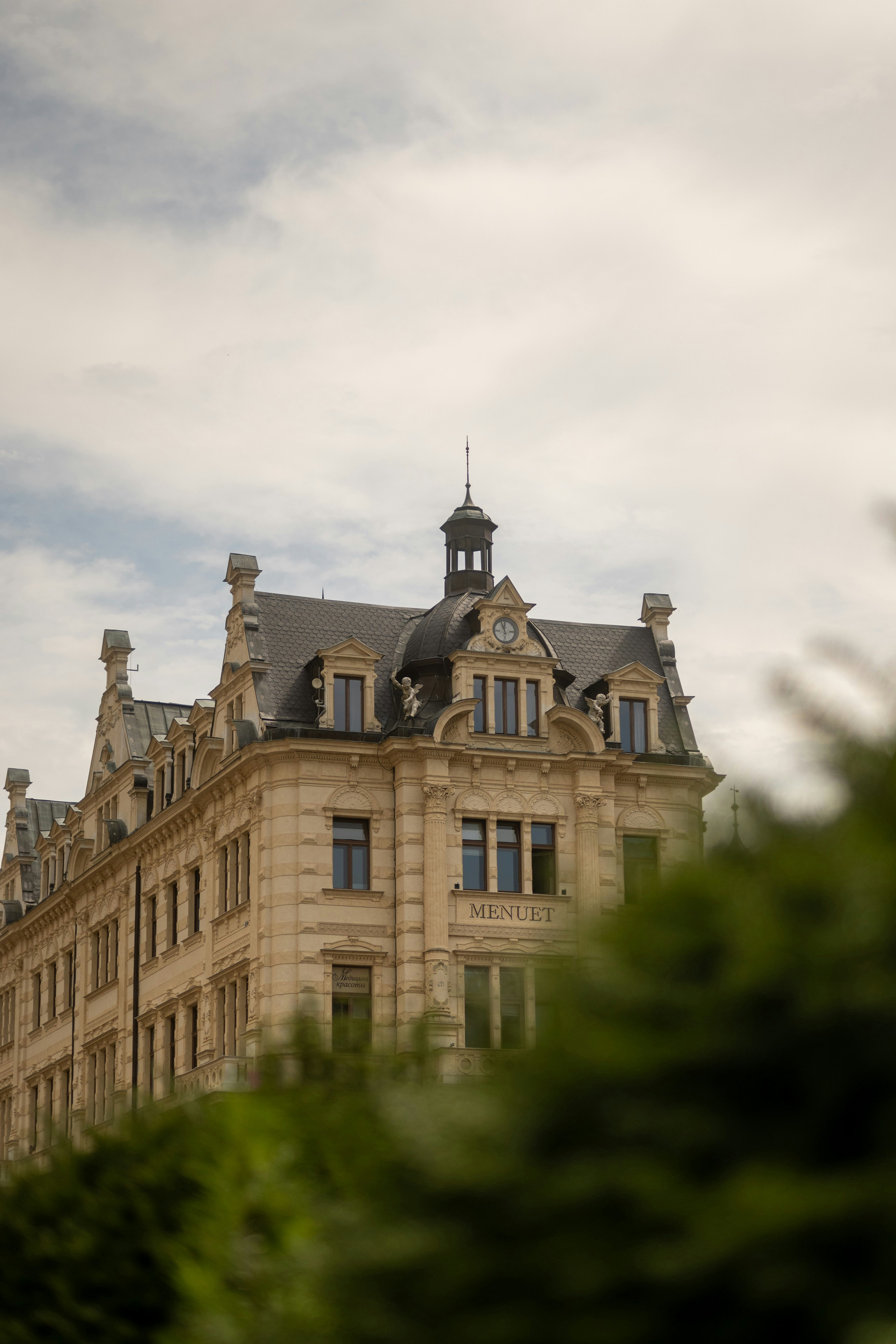 Historic building with intricate architectural features and a prominent clock tower, partially obscured by greenery.