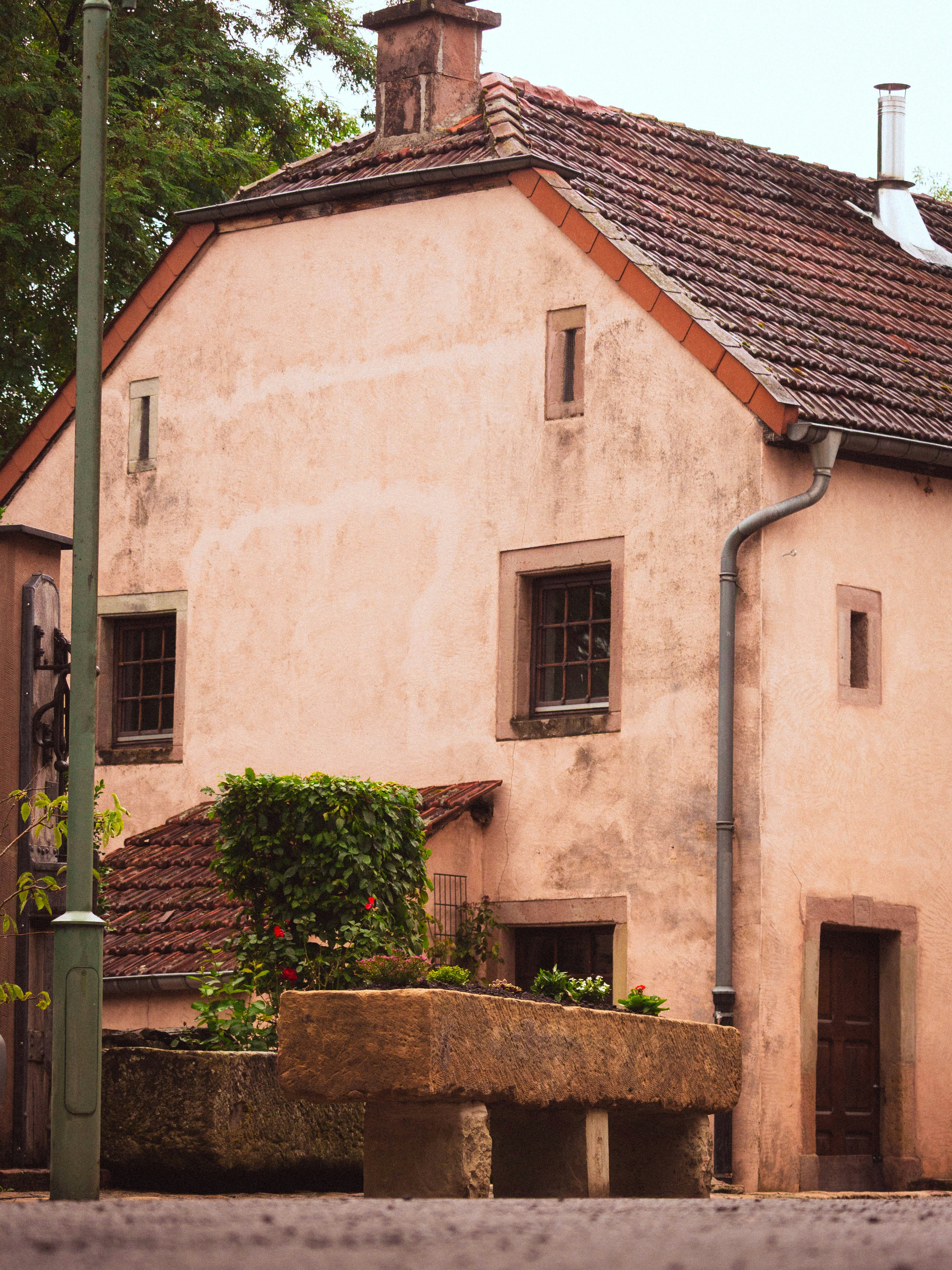 Quaint house with textured walls and rustic windows, nestled among greenery and a stone bench. The setting evokes a sense of nostalgia.