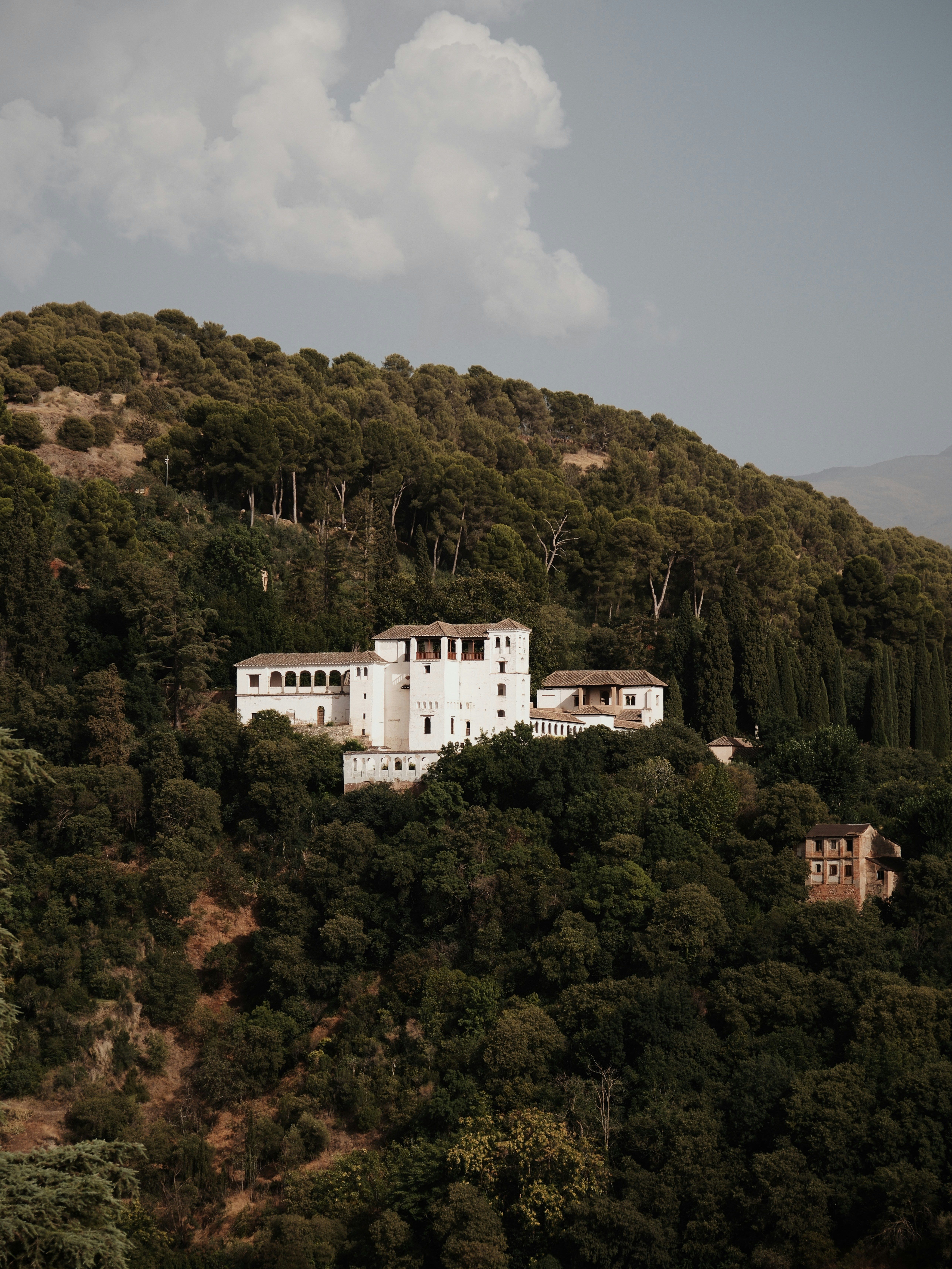 White building nestled among lush green trees on a hill.