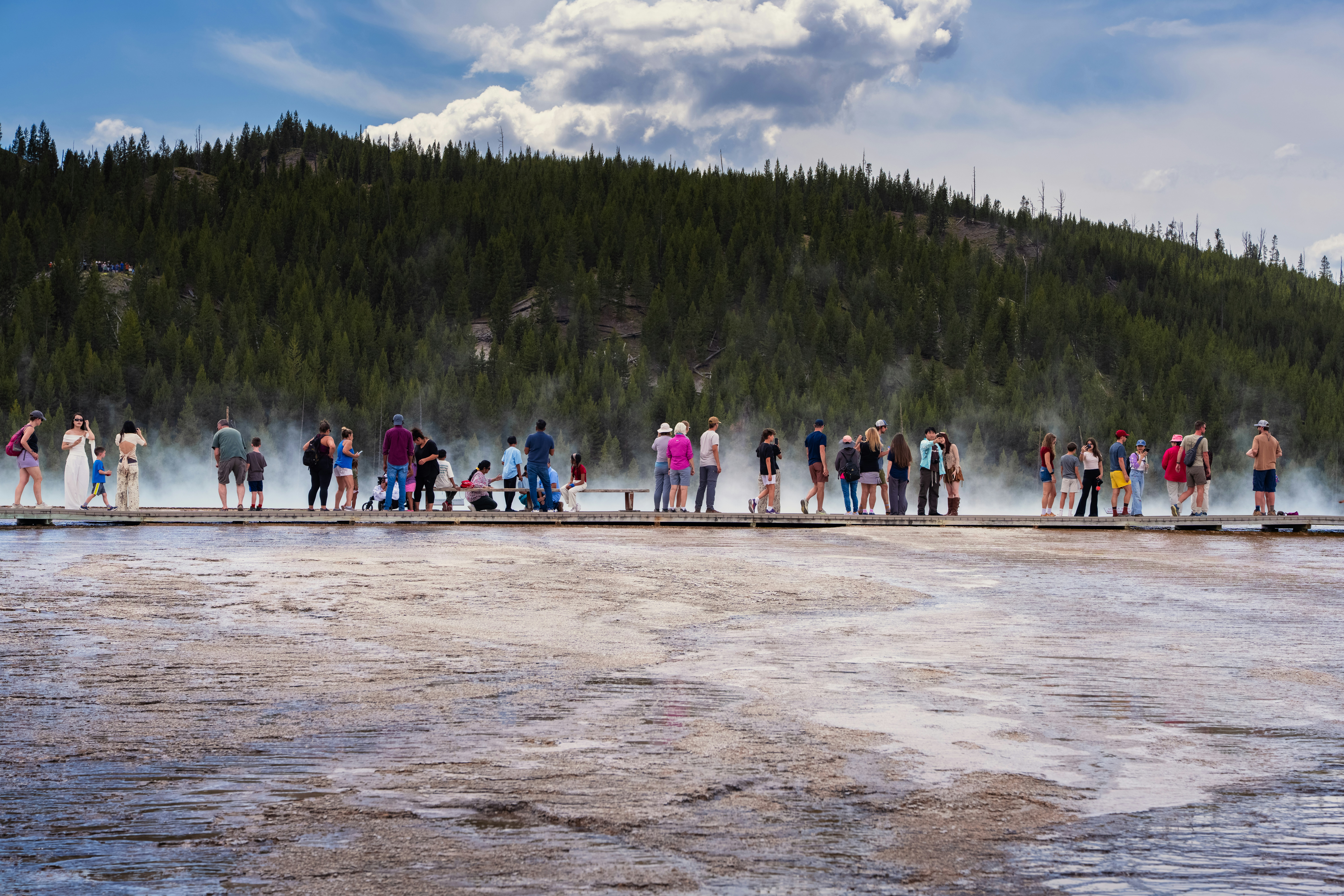 Visitors line a wooden boardwalk, observing the steaming geothermal features of a national park amid a backdrop of lush pine trees and a dramatic sky.