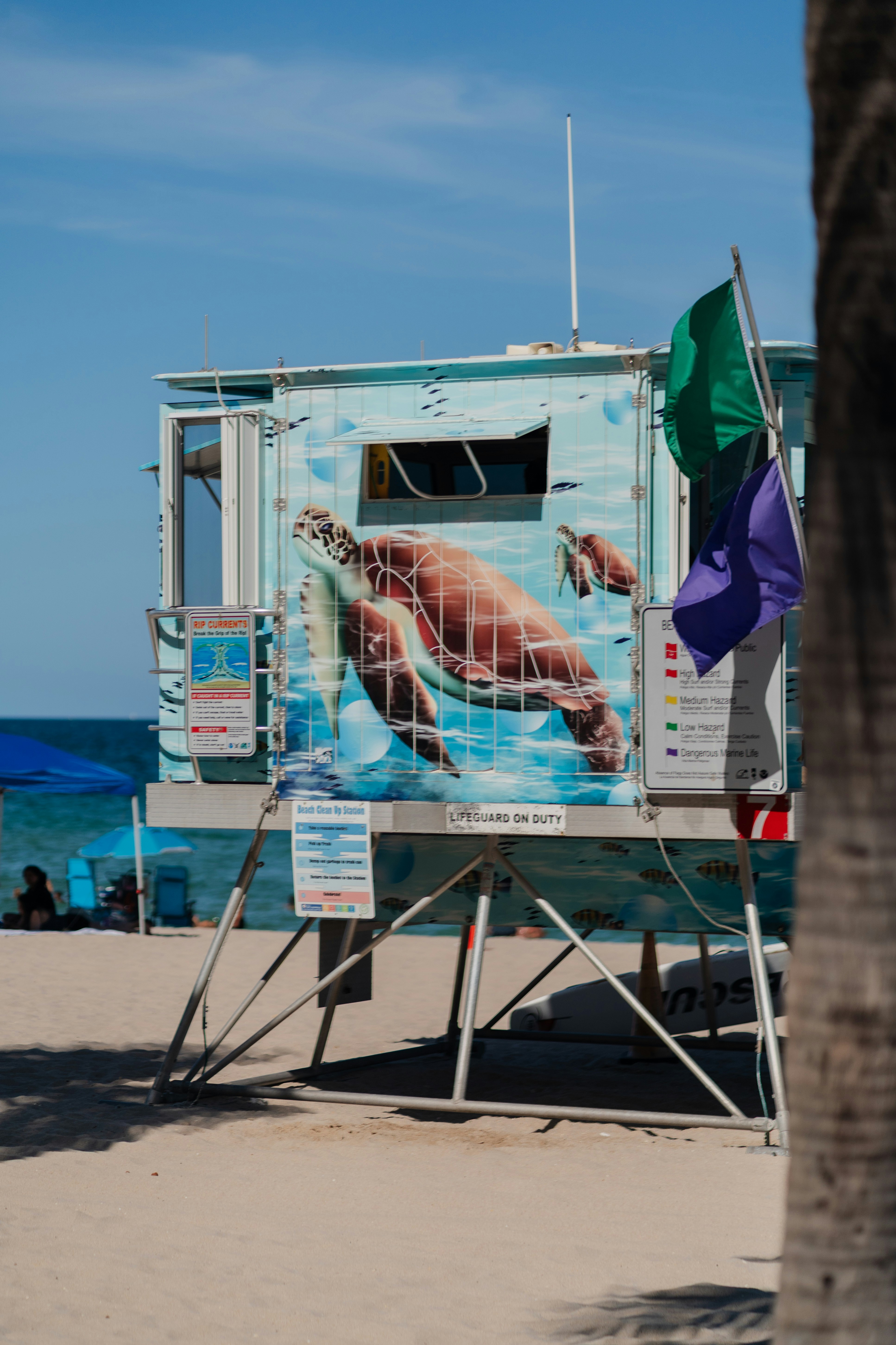 Sunlit Lifeguard Booth Adorned with Dolphin Mural on the Beach