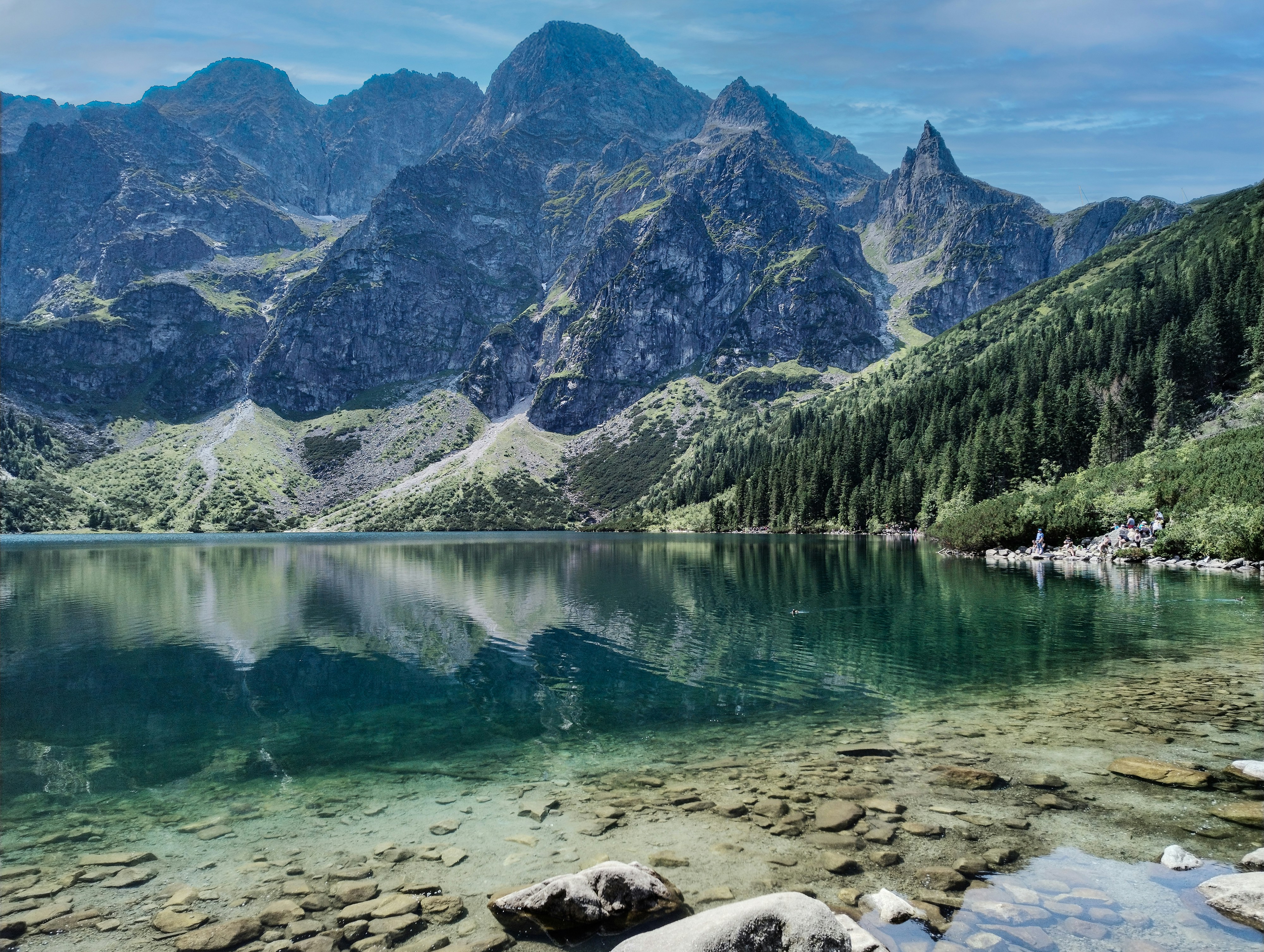 Clear mountain lake reflecting rocky peaks and green forest.