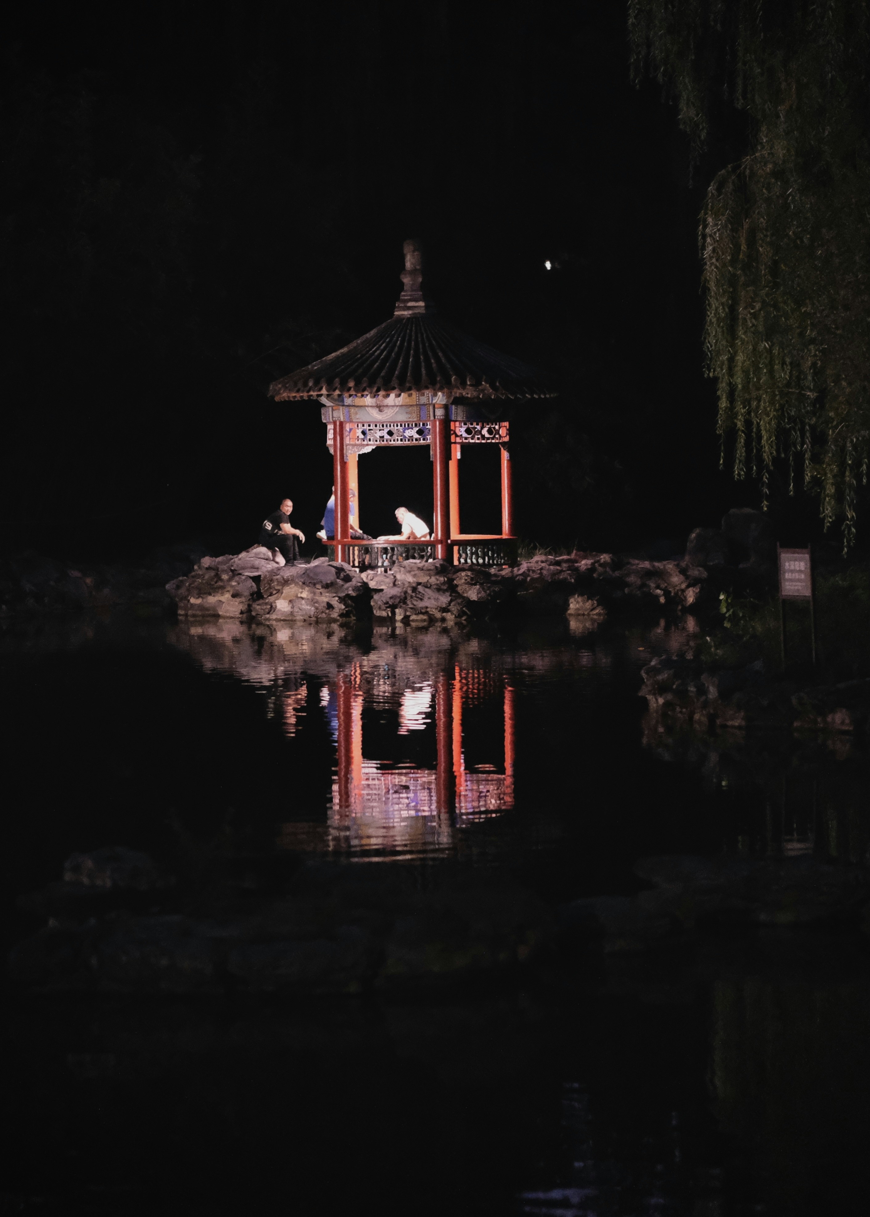 A tranquil scene featuring a traditional pavilion by a still pond, with reflections shimmering in the water. Two figures are seated, immersed in conversation amidst the night ambiance.
