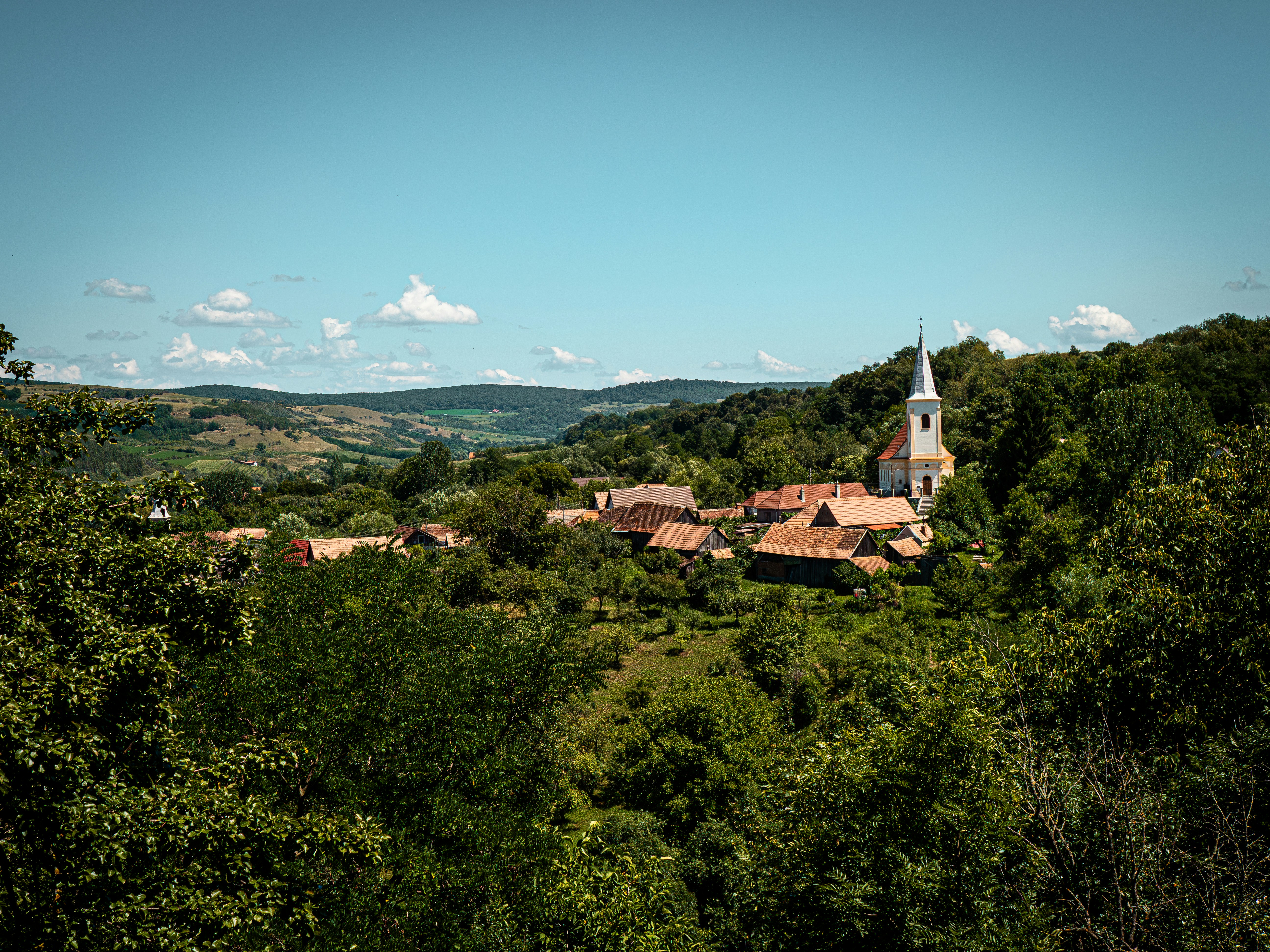 Village nestled among lush green trees under blue sky