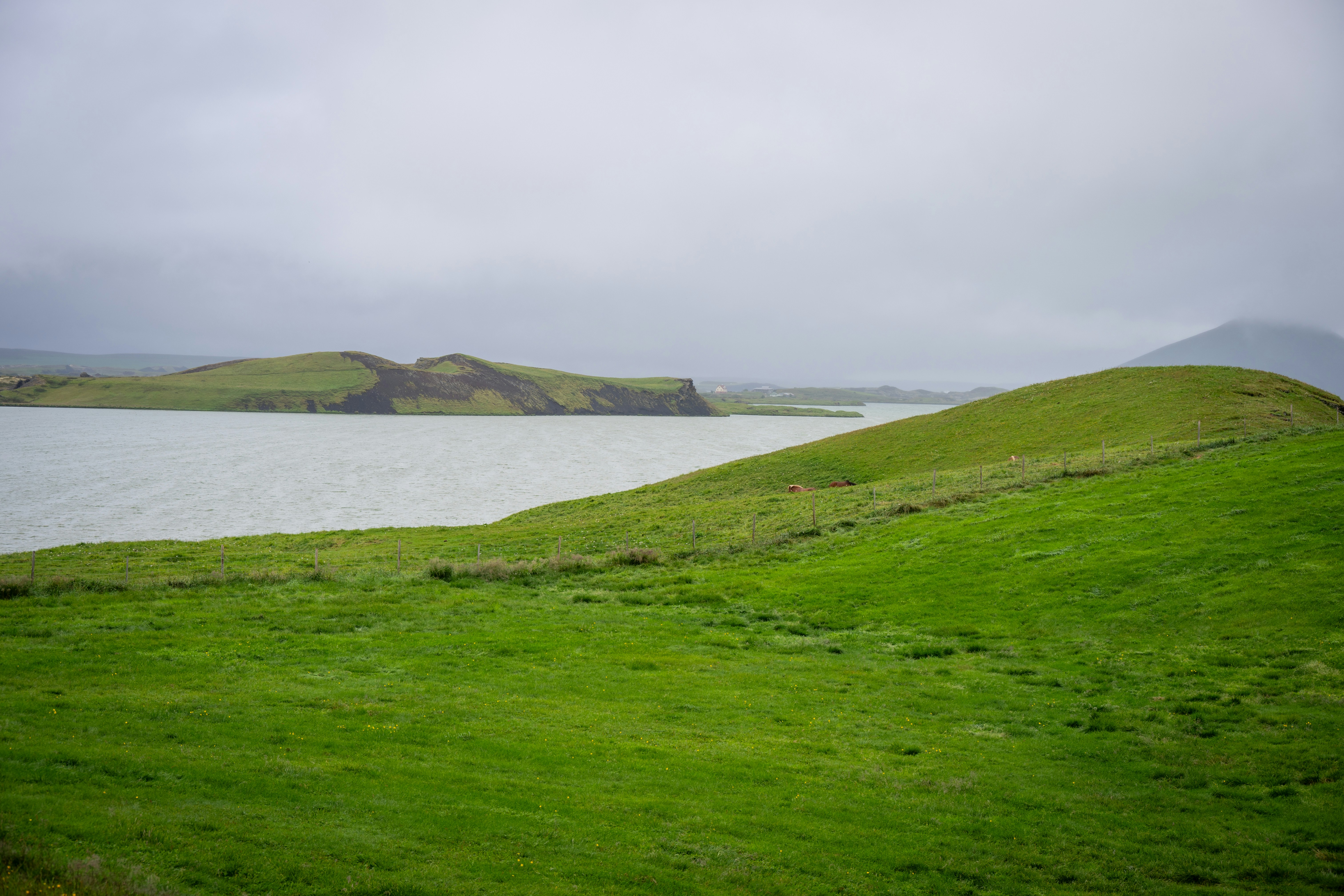 Lush green hills gently slope toward a serene body of water, framed by a misty sky. The landscape evokes a sense of calm and natural beauty.