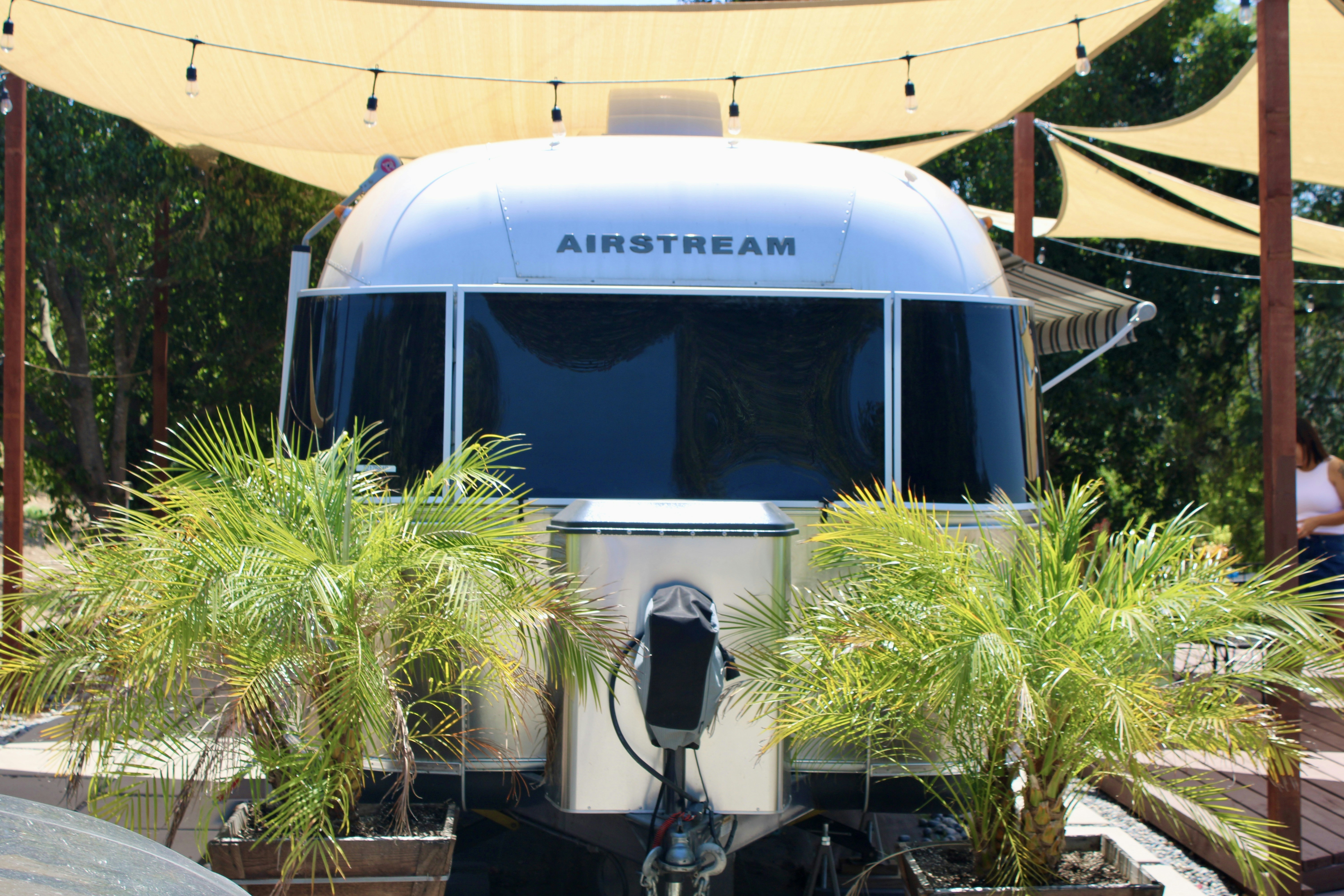 Silver airstream trailer parked outdoors with plants.