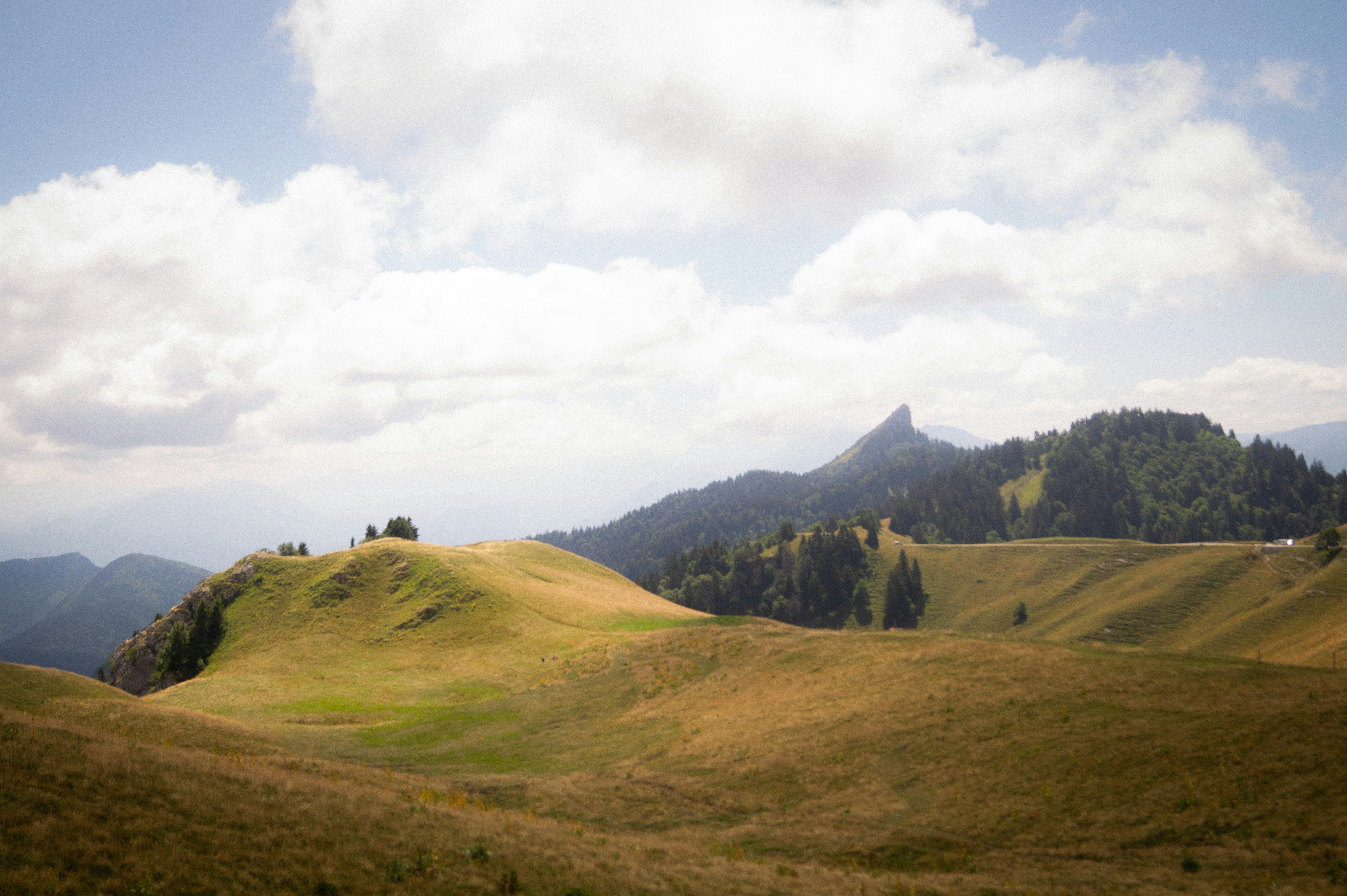 Rolling green hills under a cloudy blue sky