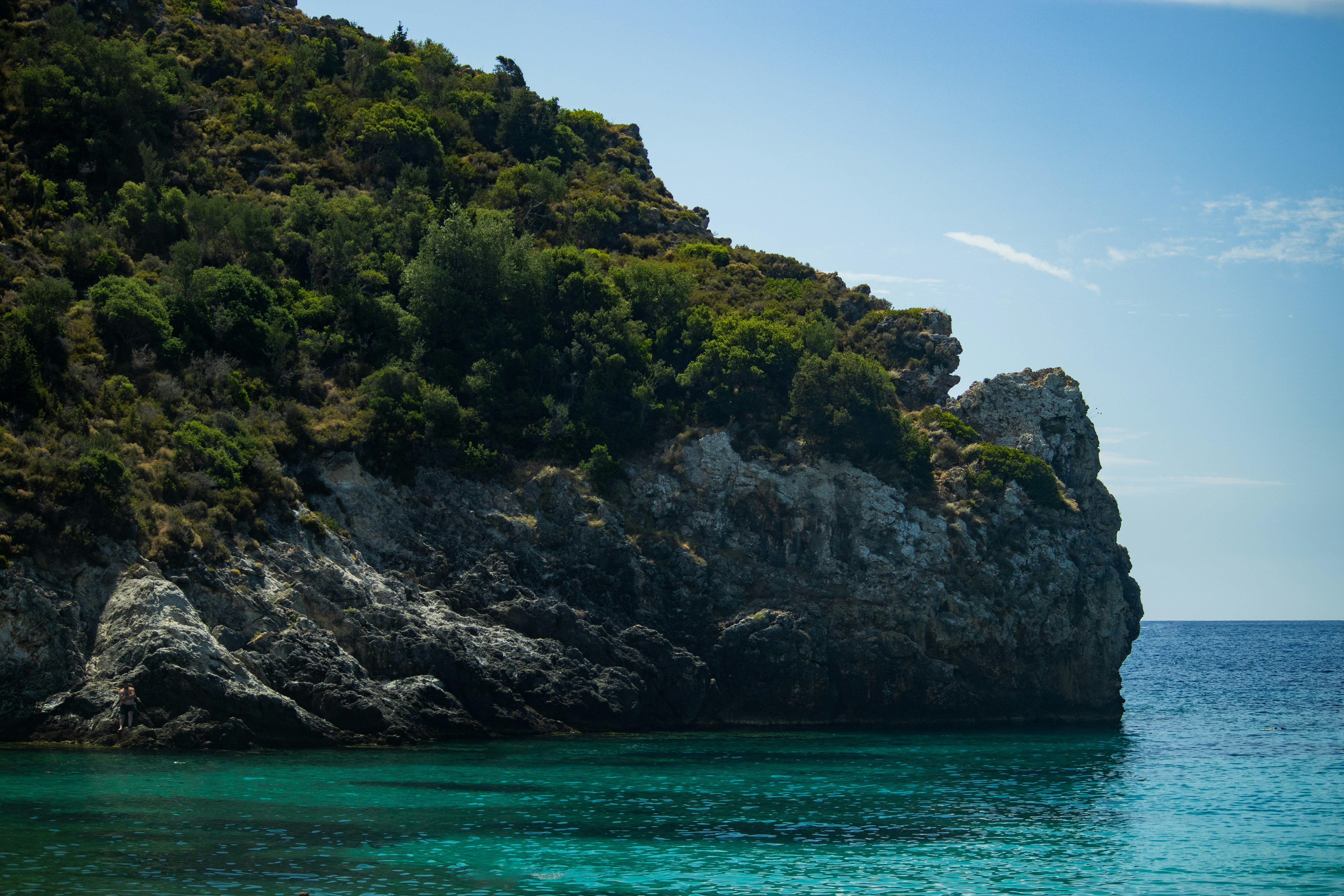Lush green cliff meets clear turquoise water