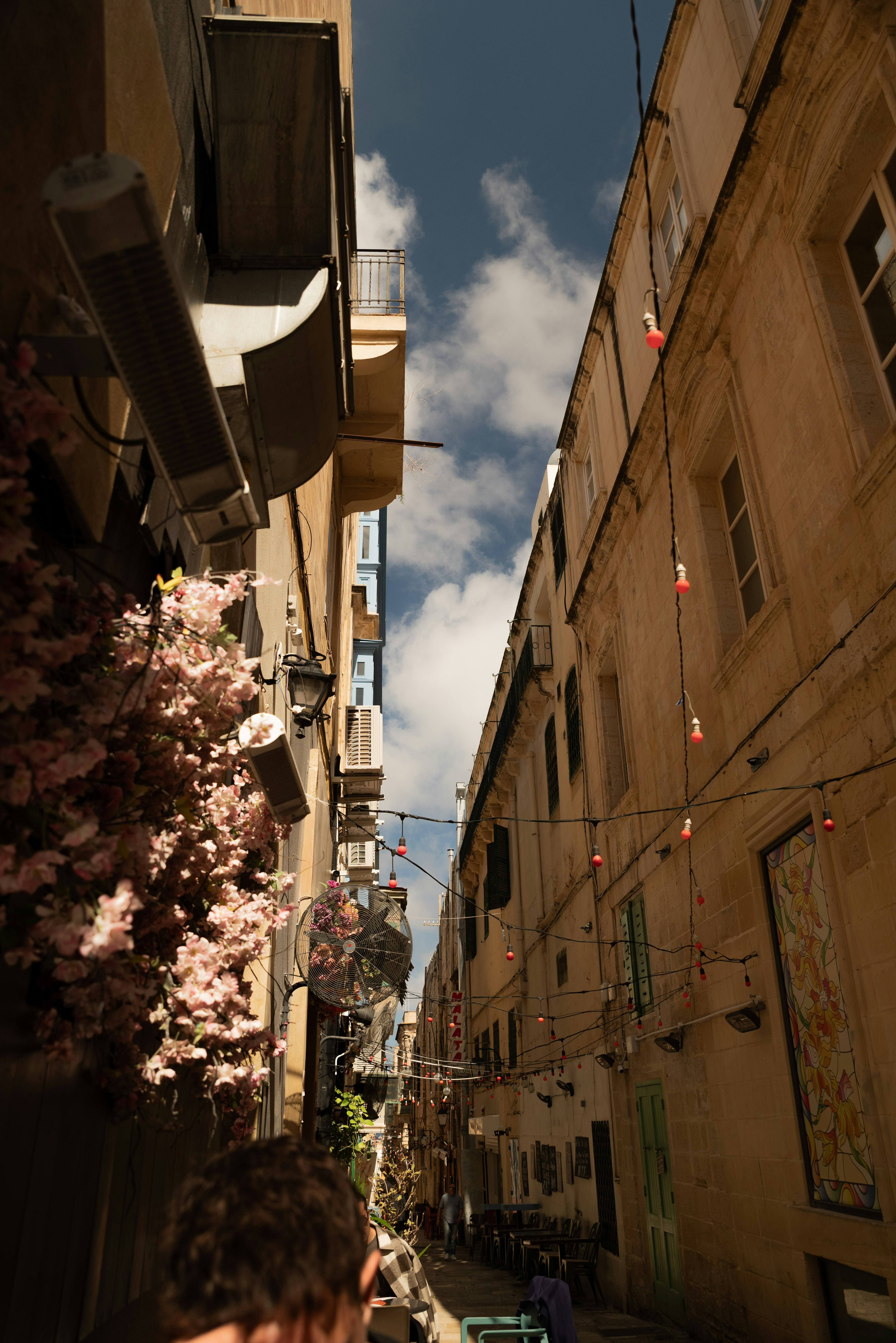 Charming narrow alley adorned with blooming flowers and festive lights, leading through historic architecture under a bright sky.