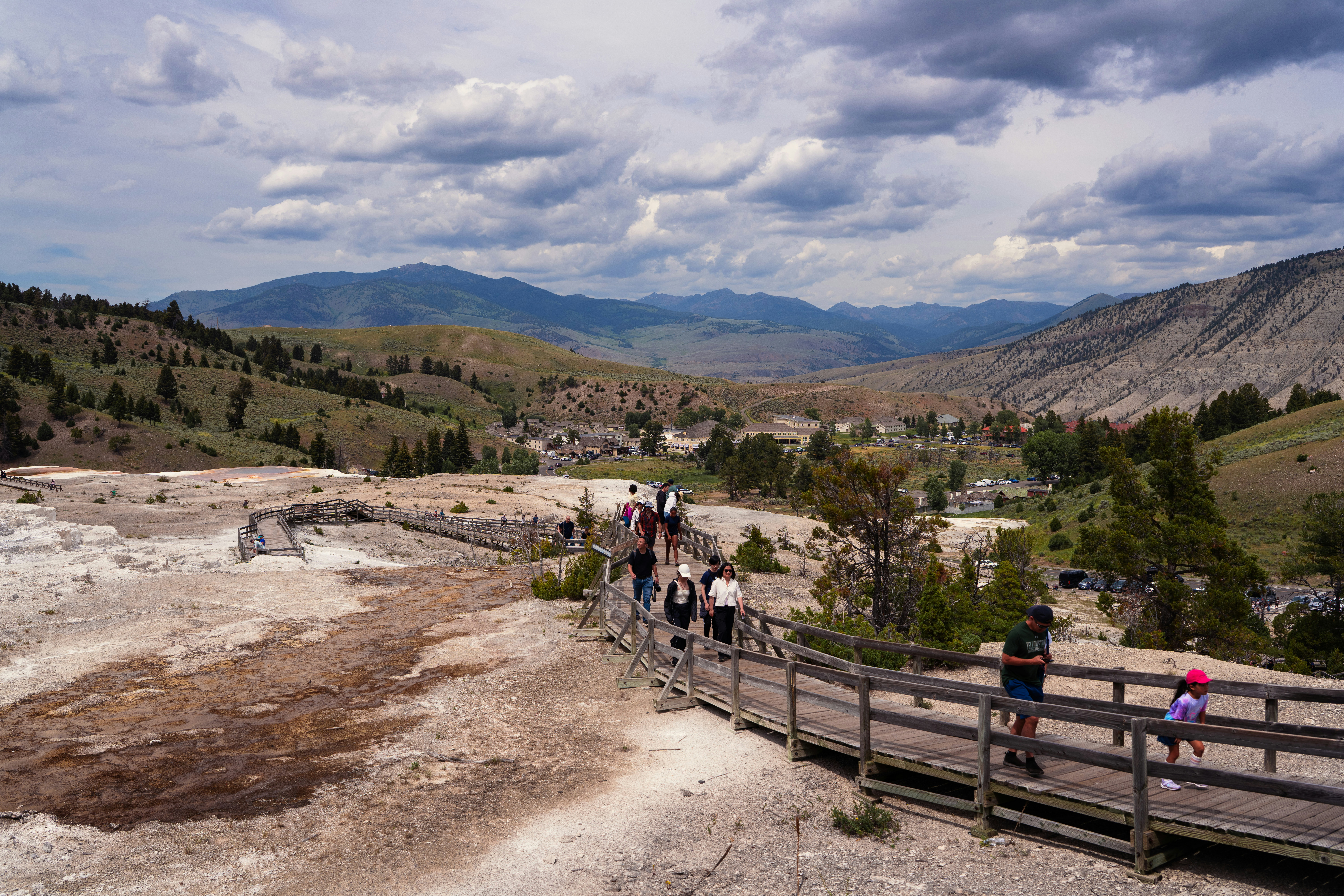 Boardwalk Through a Geothermal Valley: Humans in Scale Against Rugged Terrain