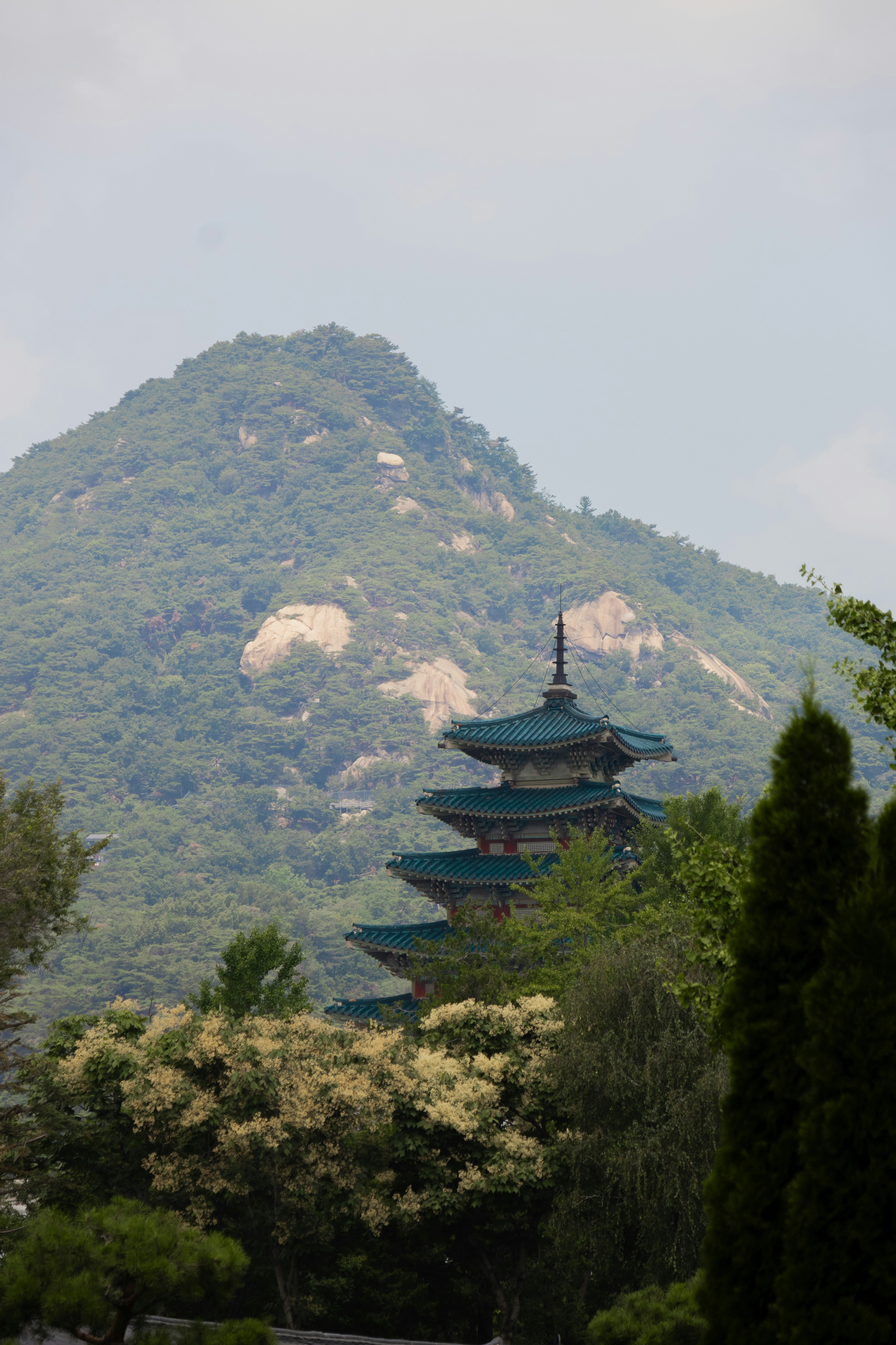 Pagoda structure nestled against a lush green mountain.