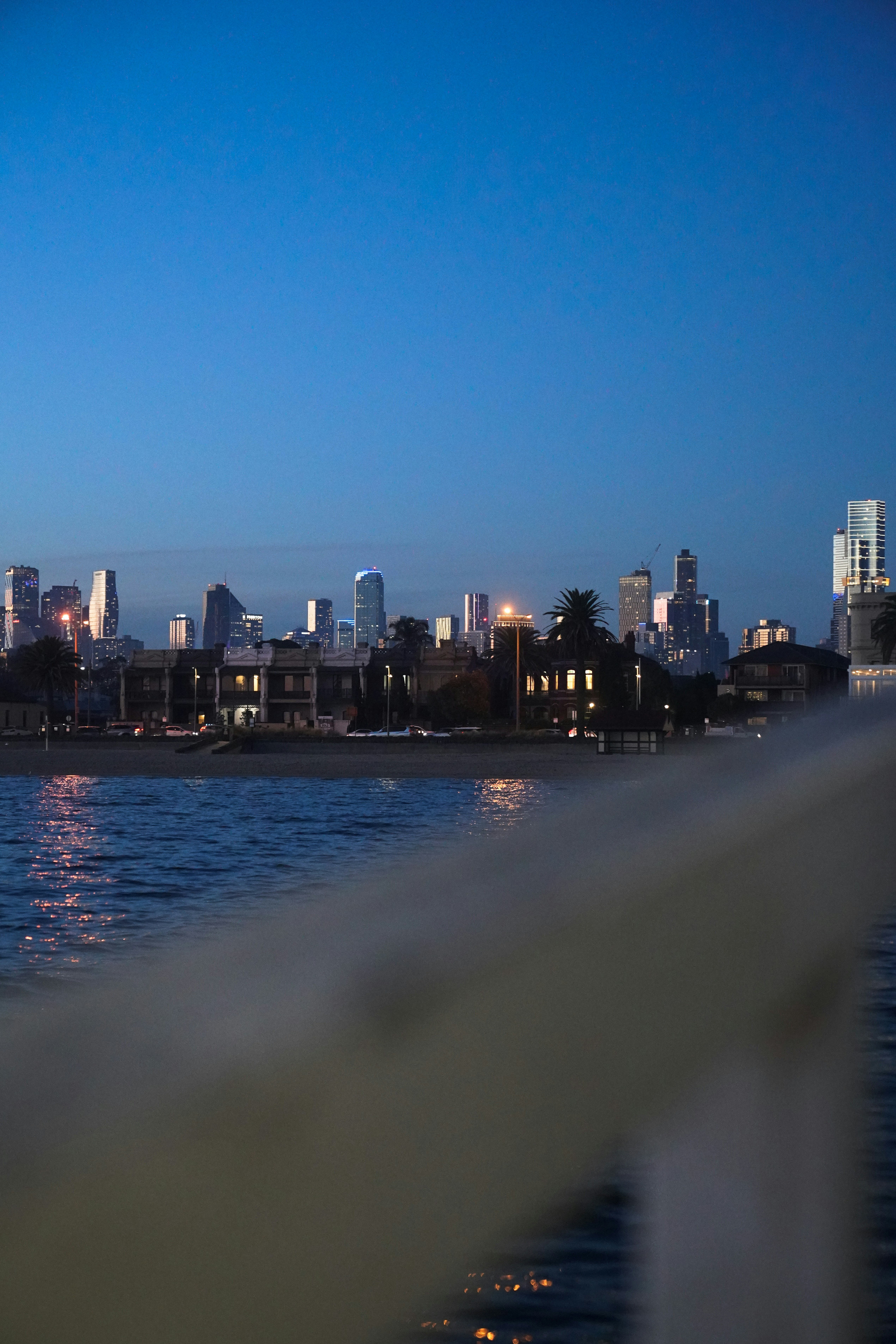 City skyline across the water at dusk