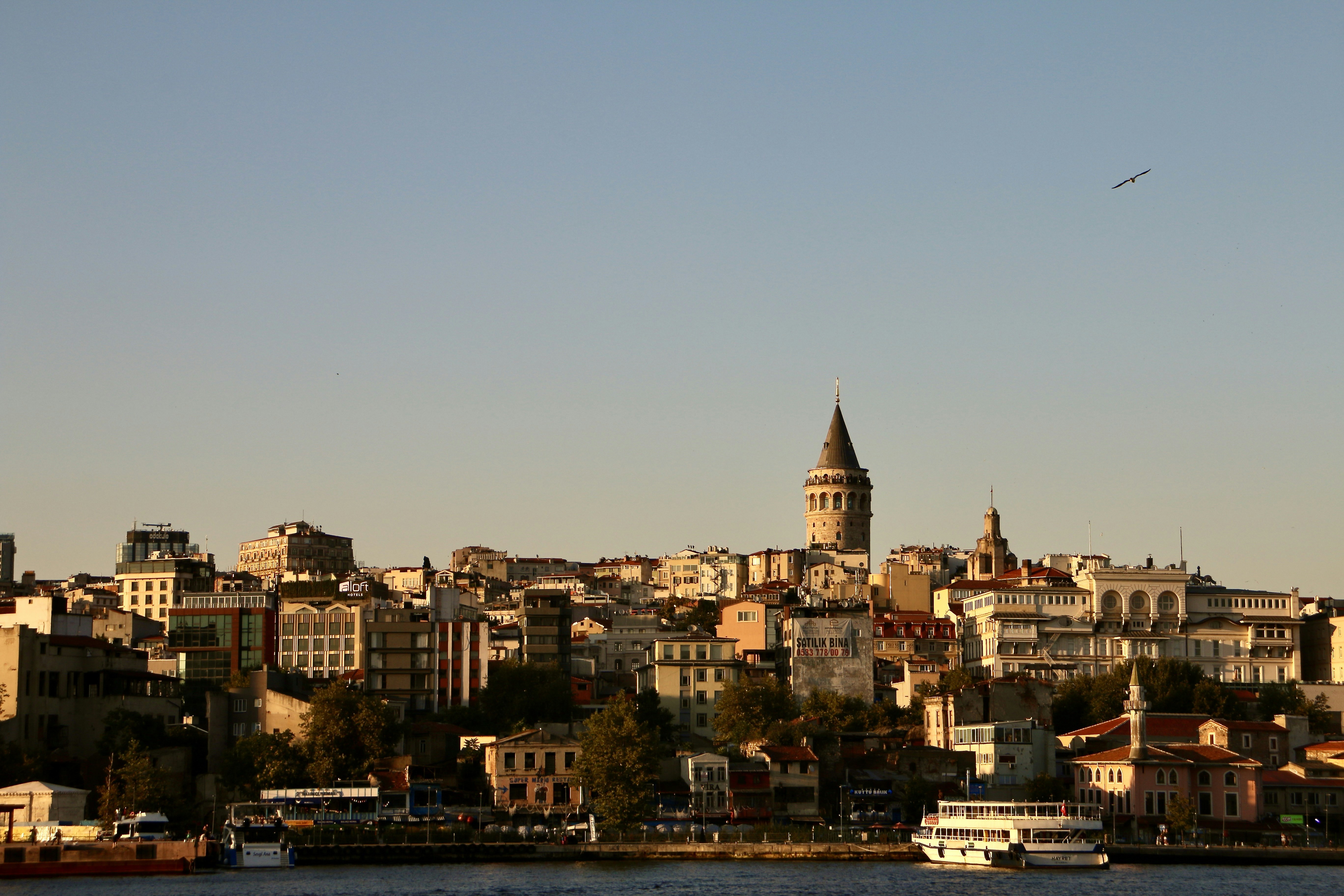 Historic buildings and the iconic Galata Tower rise above the Golden Horn, showcasing the architectural beauty of Istanbul's waterfront.