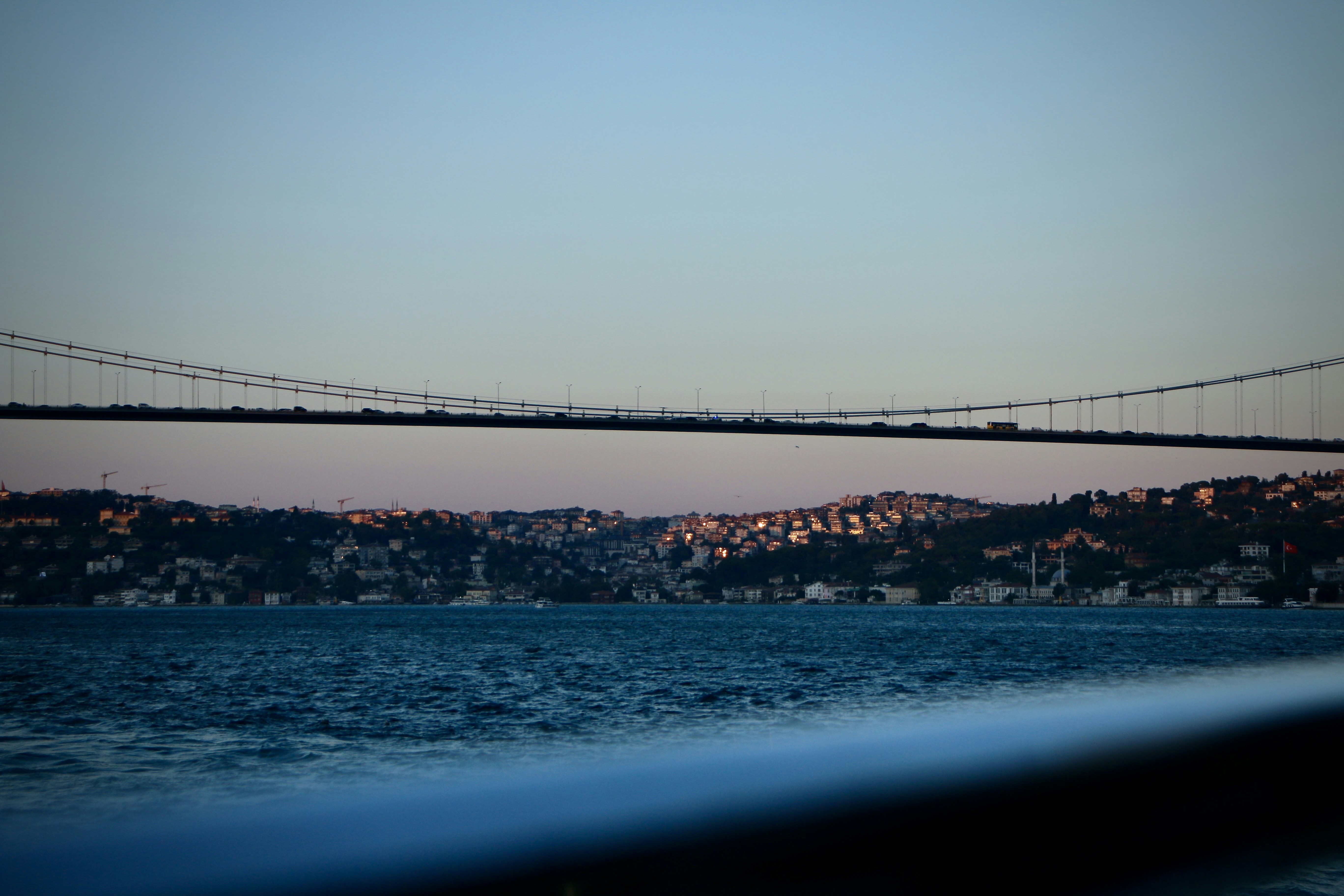 Distant bridge over a city skyline at dusk