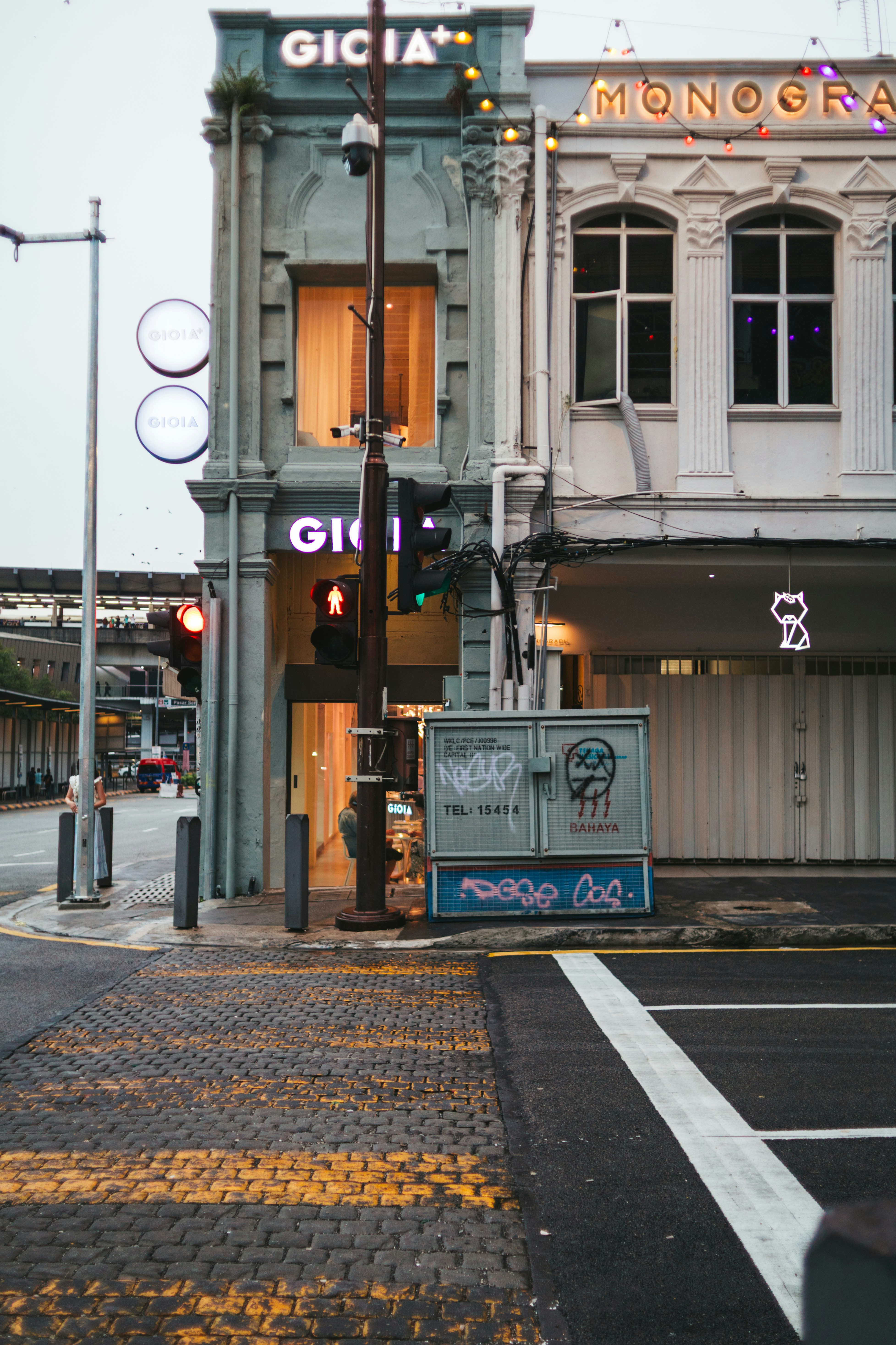 Street scene with buildings and crosswalk
