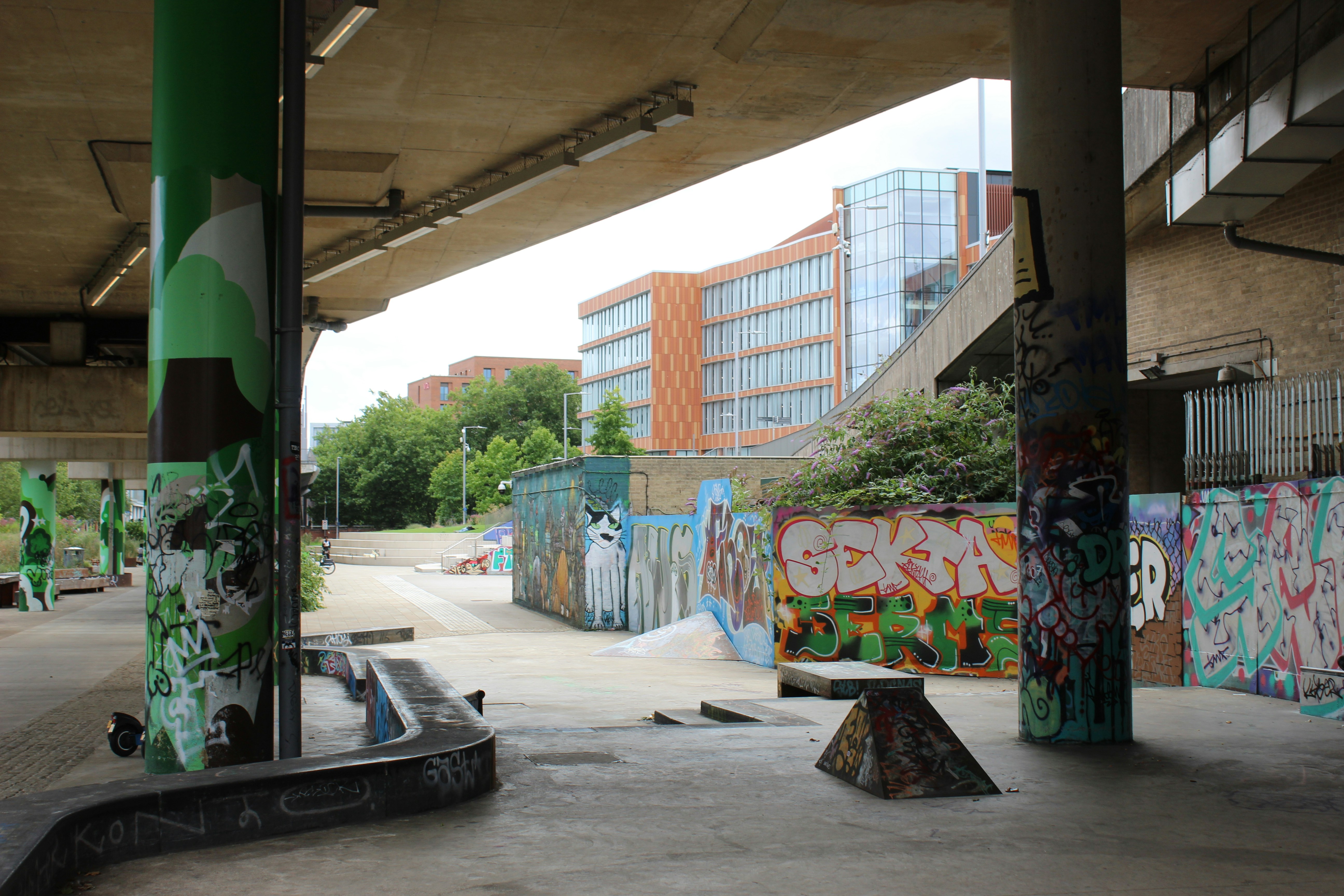 Urban underpass with graffiti and distant buildings