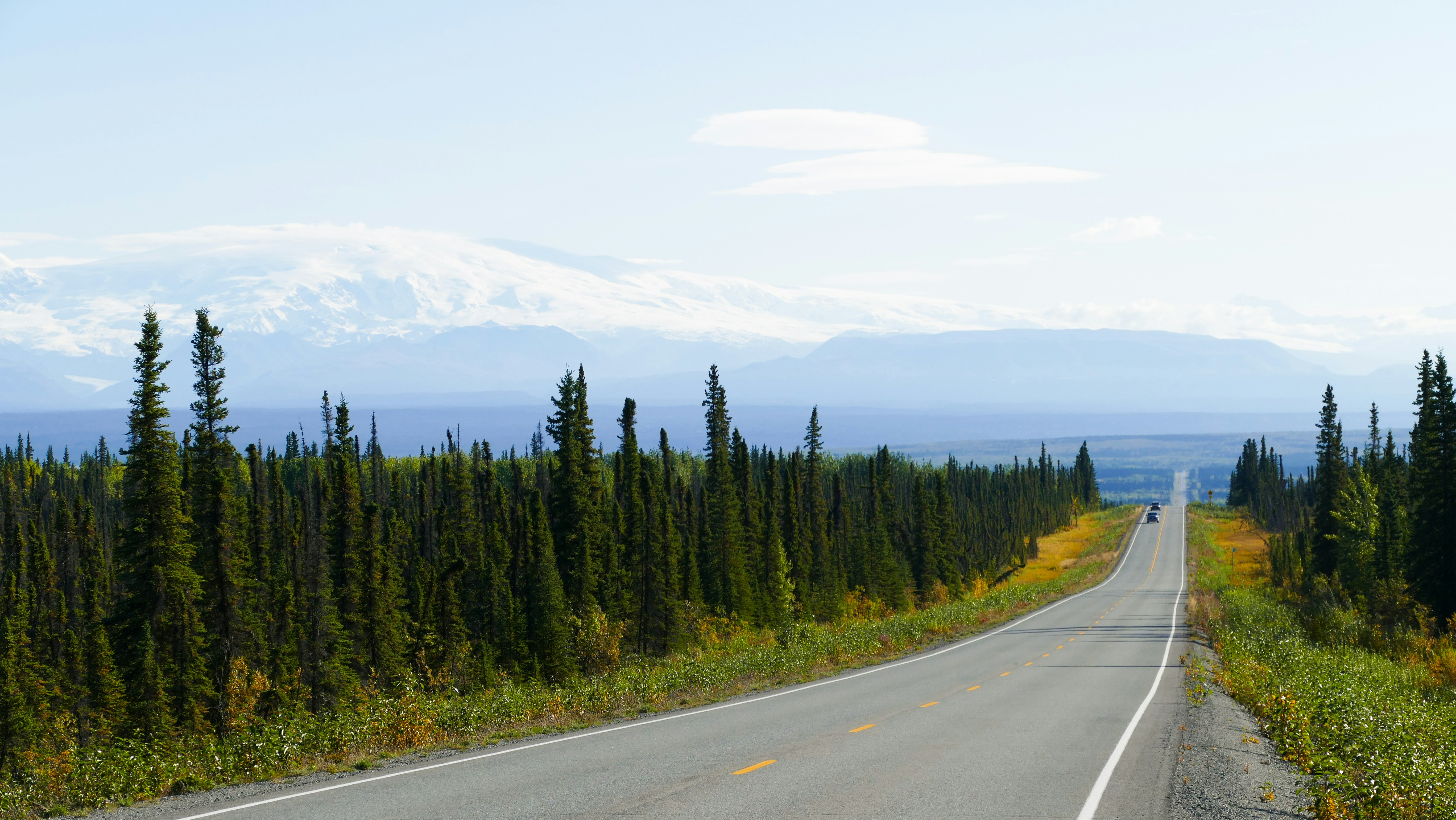 Endless road - Mount Drum Alaska | A winding road through a forest with mountains