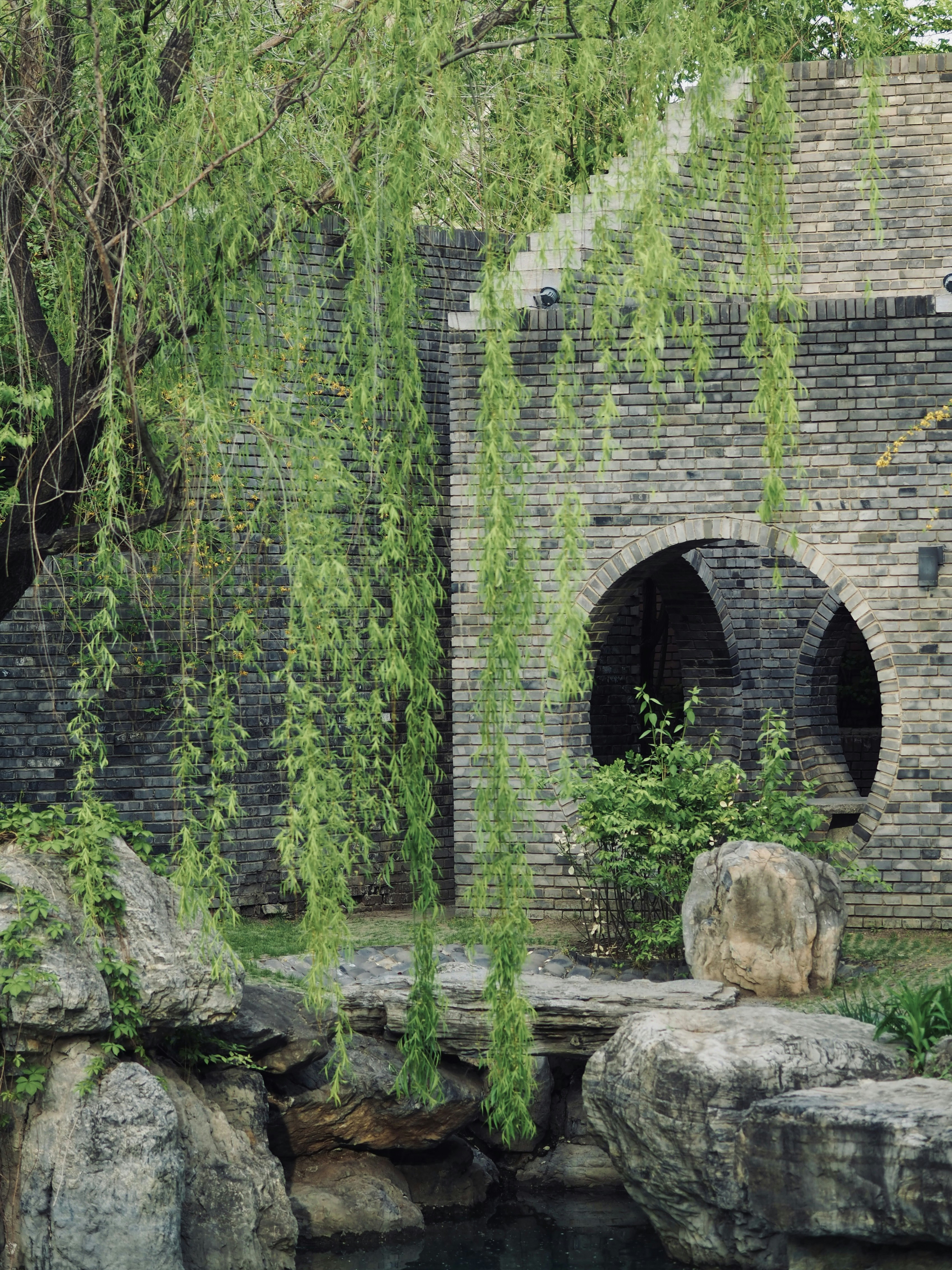 A tranquil garden scene featuring a stone archway partially obscured by cascading willow branches, with lush greenery and rocks framing the serene water below.
