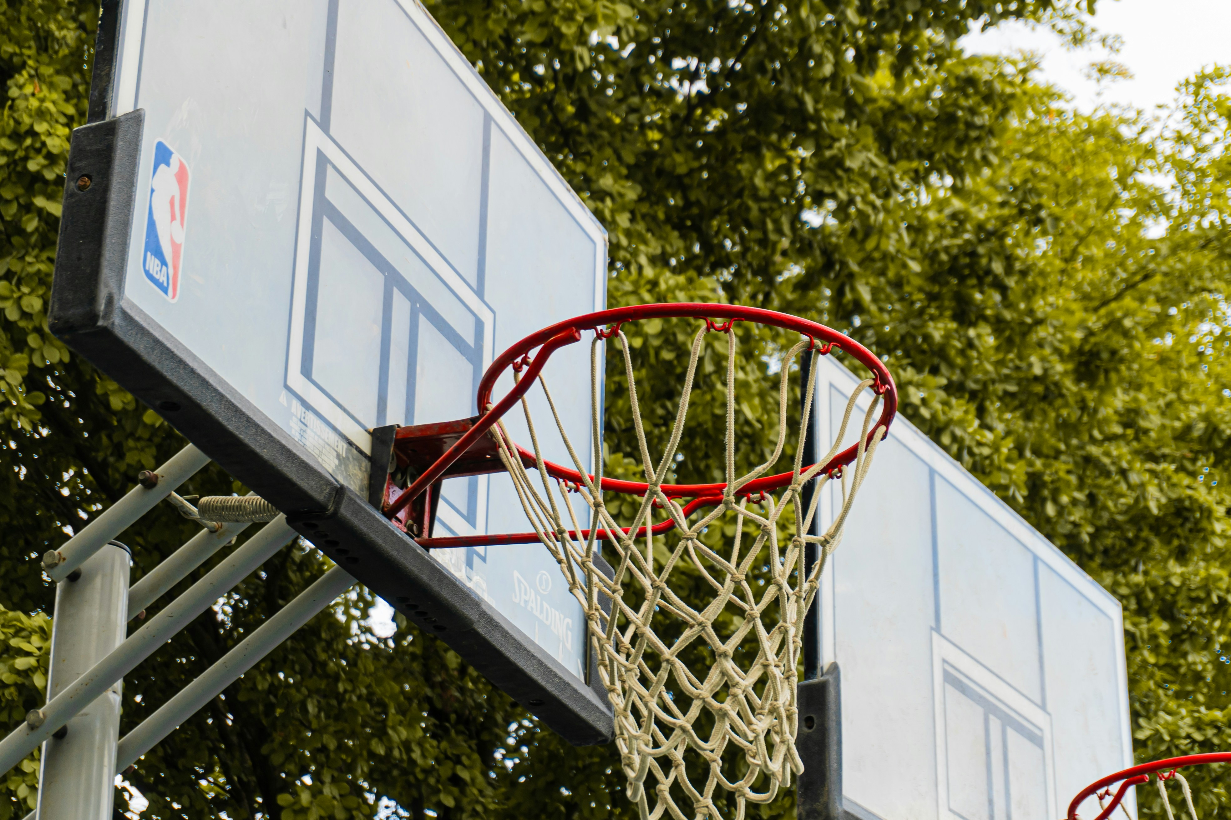 Basketball hoop and backboard with trees in background