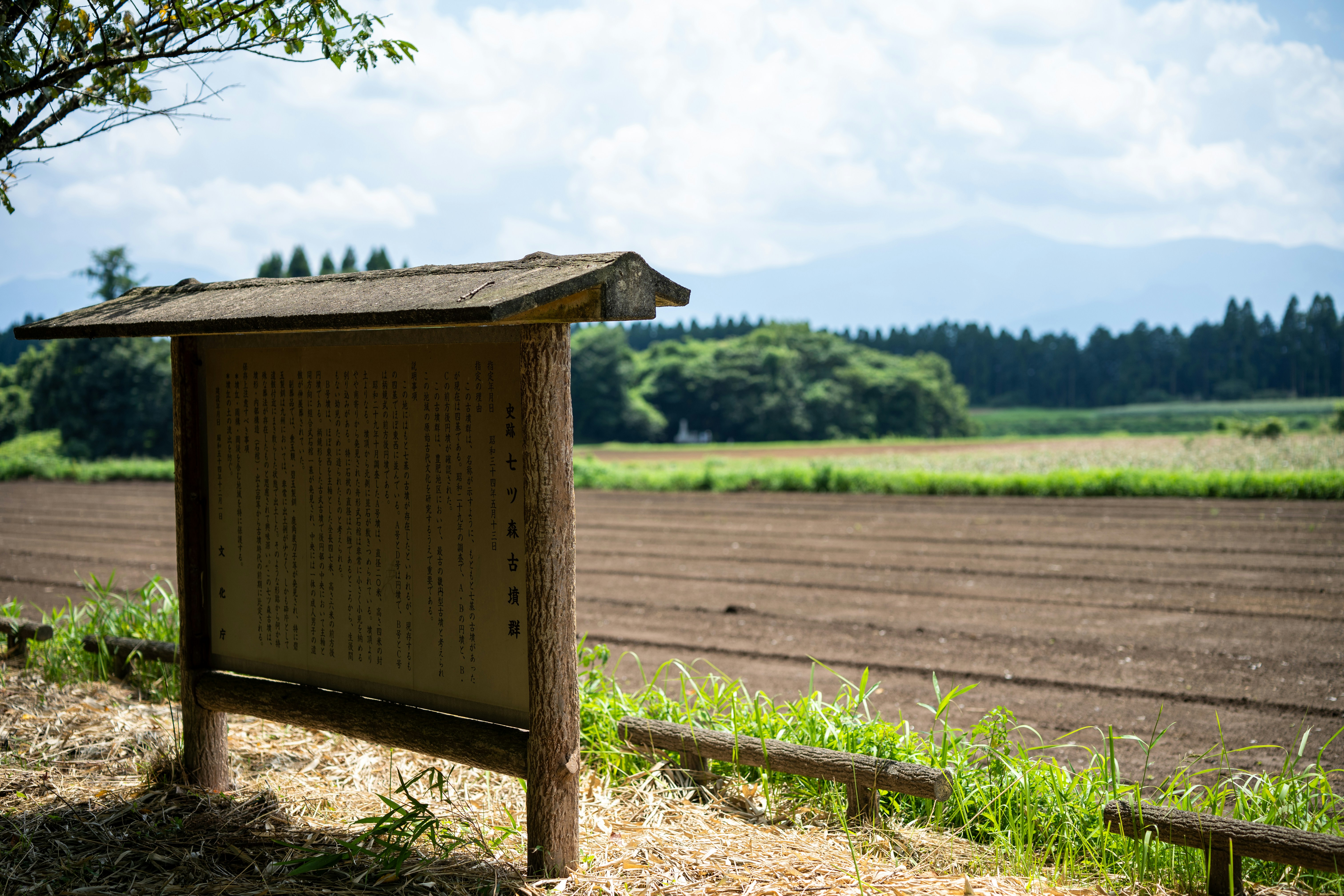 Wooden signpost with inscriptions standing beside freshly plowed agricultural land, framed by lush greenery and distant mountains.