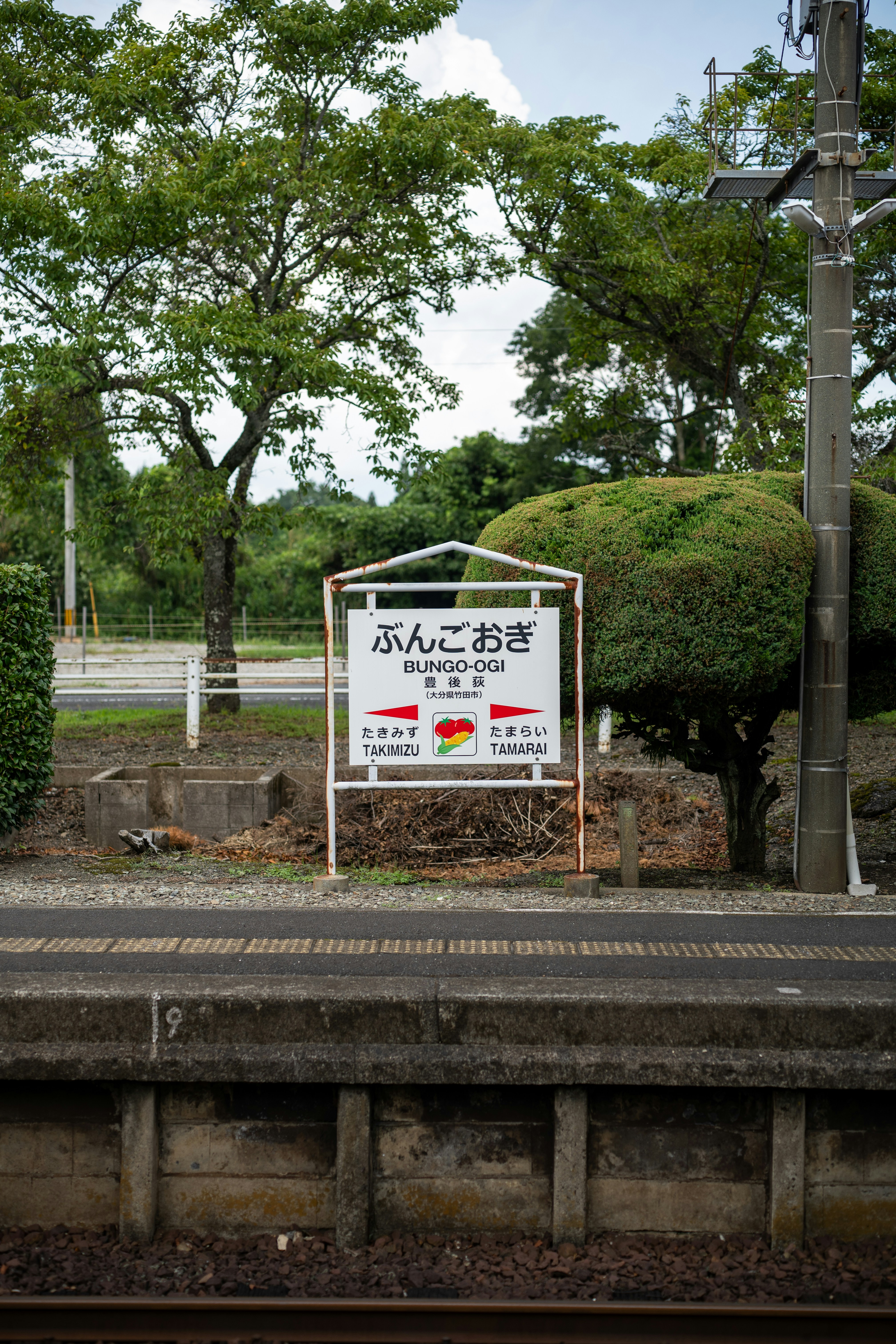 Signpost at a train station with trees in background