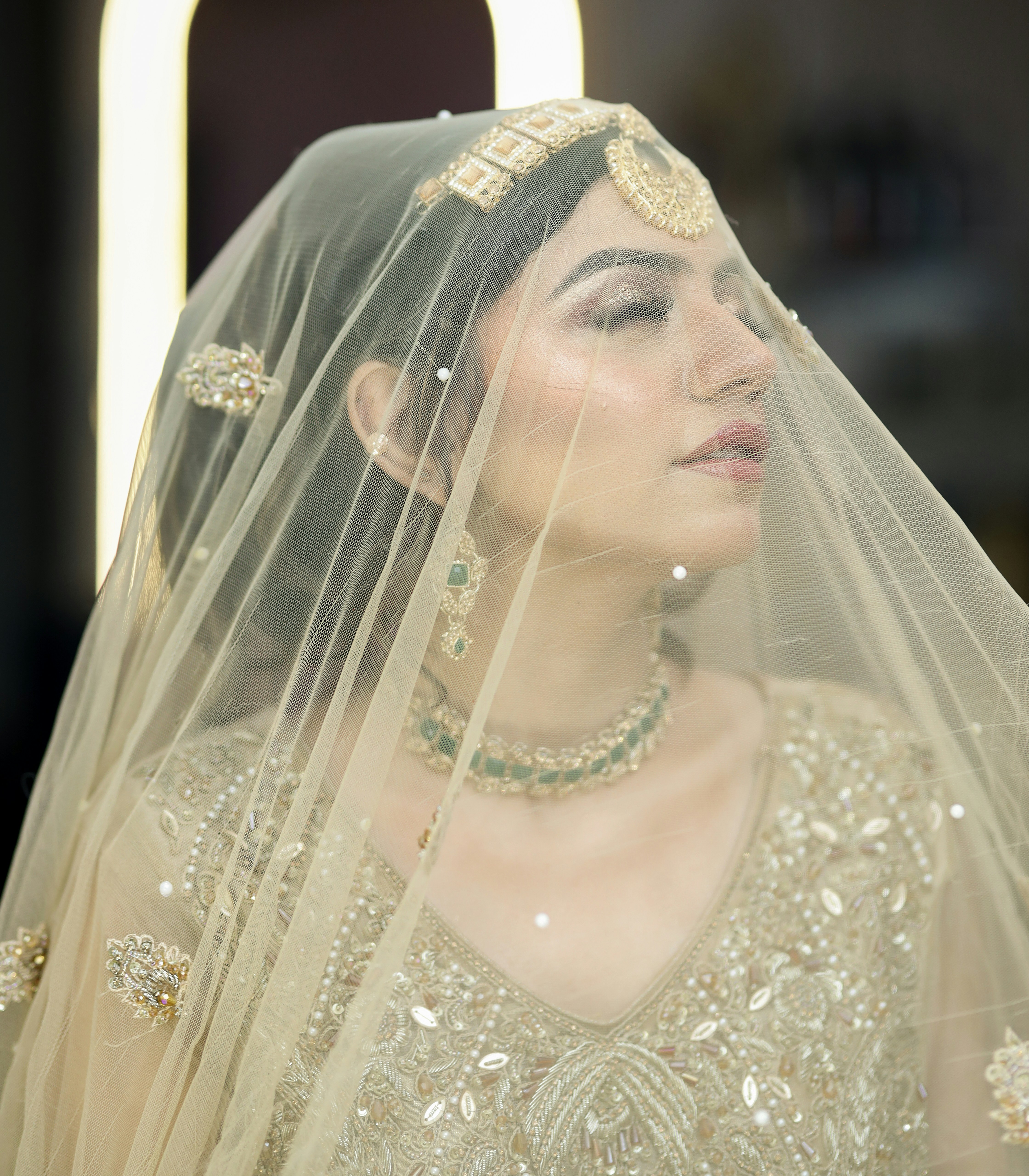 Bride wearing a veil with delicate jewelry