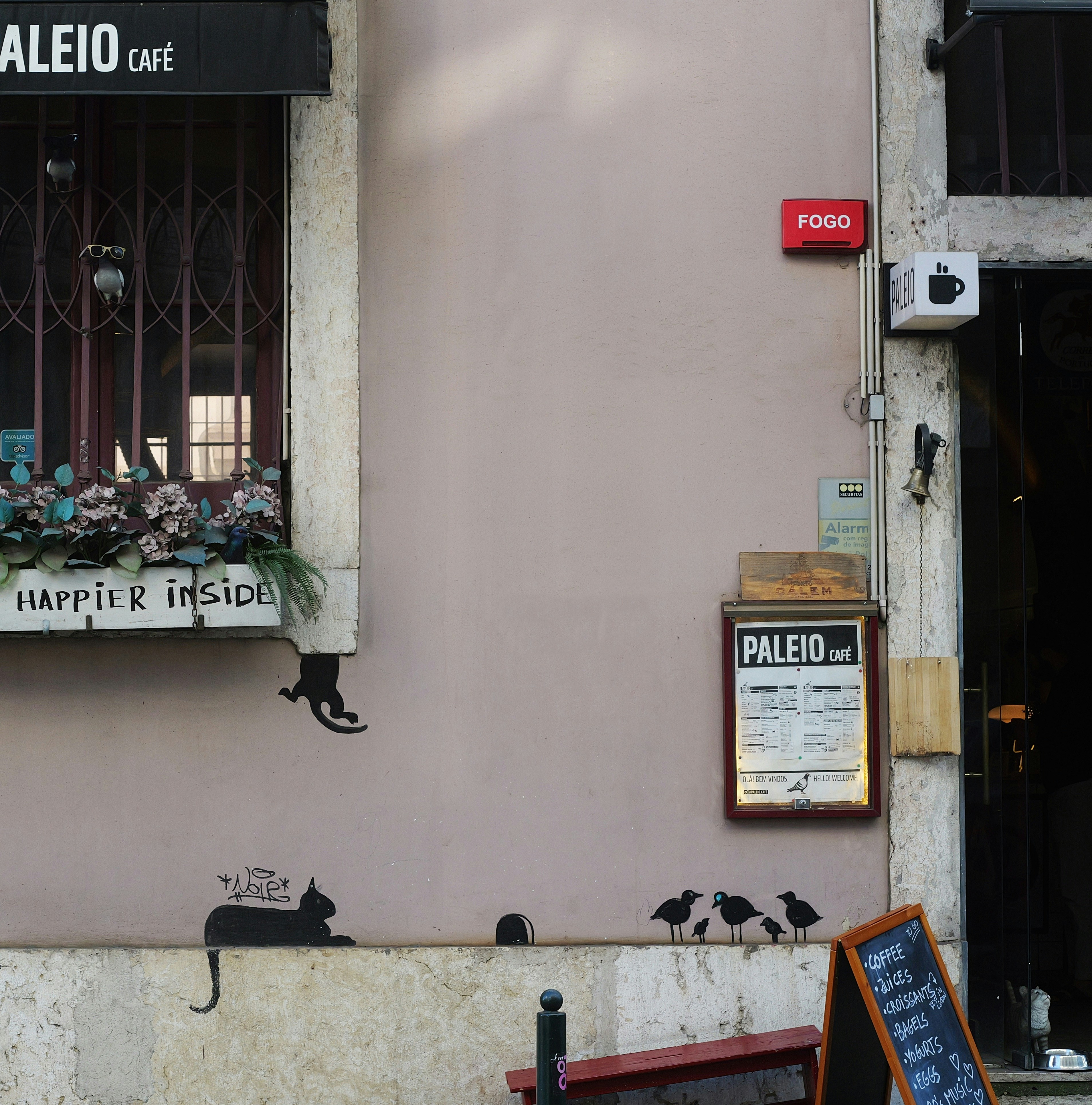 Charming Café Facade with Whimsical Cat Art